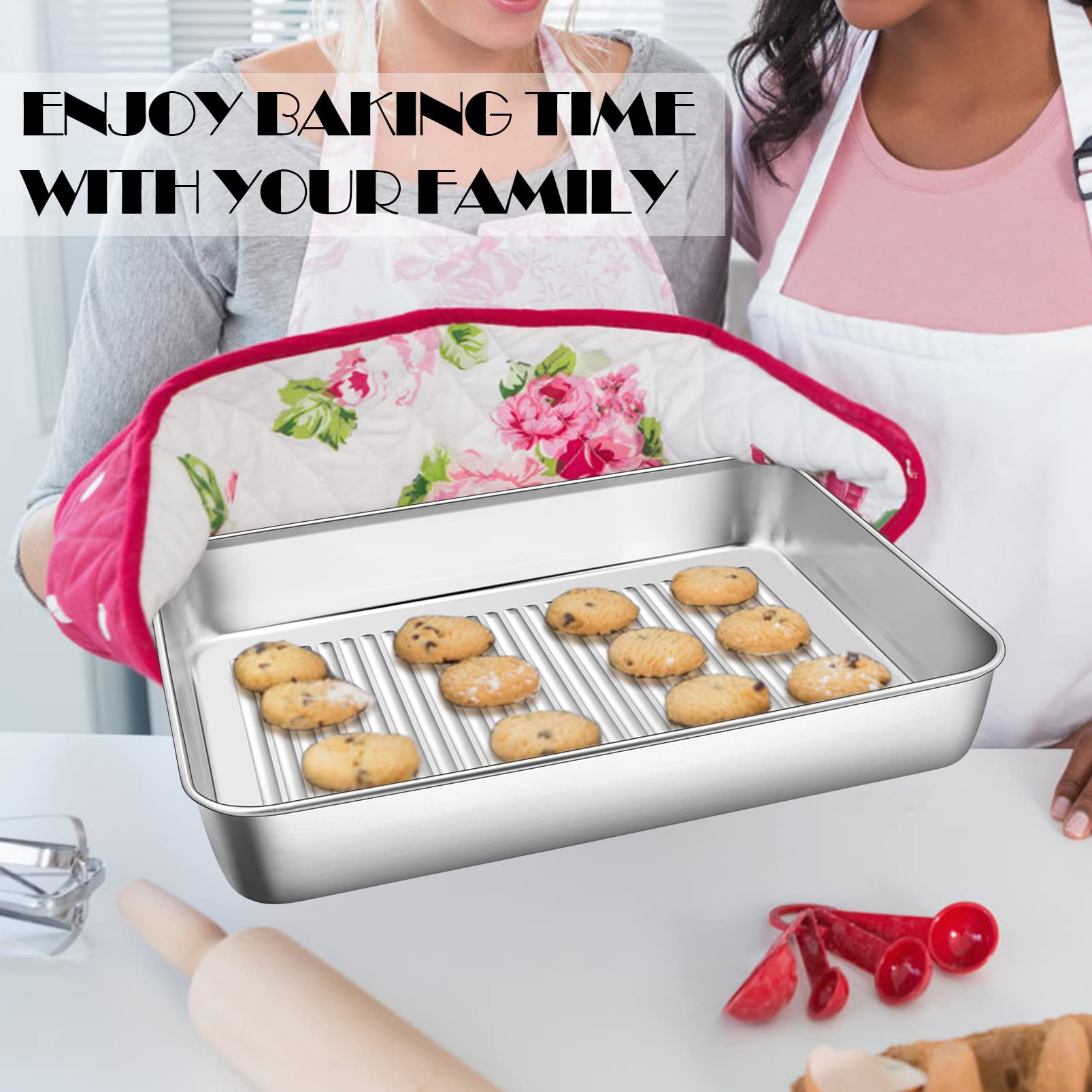 P&P CHEF 12.4 Inch Deep Rectangular Cake Pan, Stainless Steel Baking Pan Lasagna Pan for Toaster Oven, For Bake Cookie Cake Meat, Corrugated Bottom & Heavy Duty, Non-Toxic & Dishwasher Safe, 2Pcs