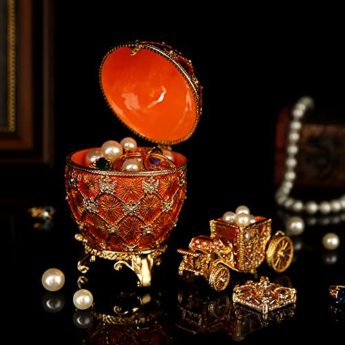QIFU Vintage Gold Easter Egg Style Jewelry Trinket Box with Mini Royal Carriage, Unique Gift for Easter Collection