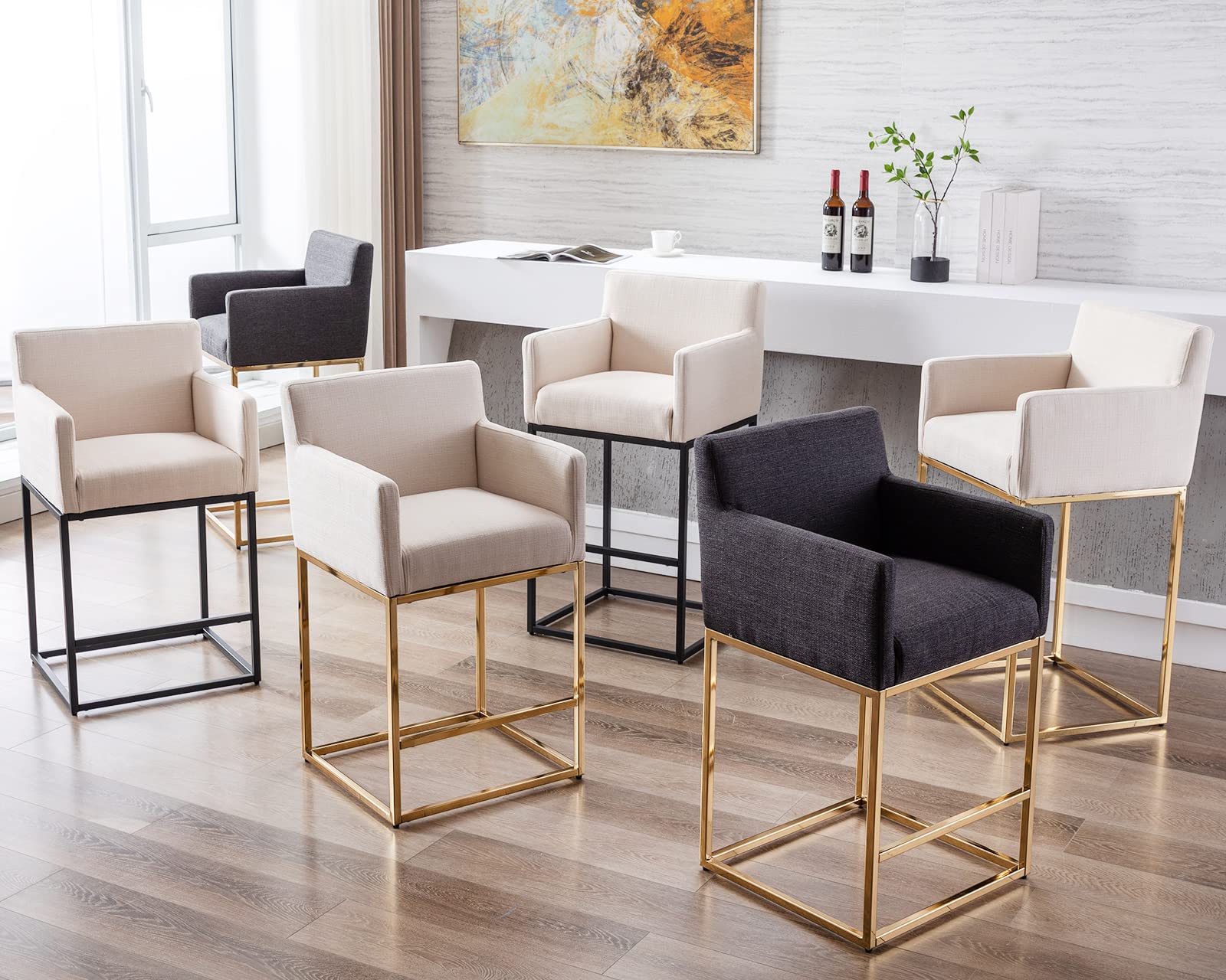 Modern Counter Height Bar Stools Set of 2, Linen Fabric Upholstered Bar Stools with Backs, 26 Inch Kitchen Island Stools with Black Metal Frame, Cream