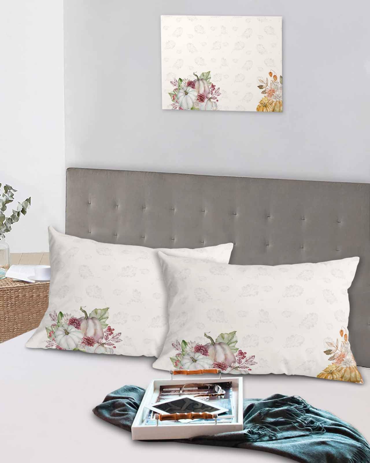 Edwiinsa Fall Pumpkin Pillow Covers King Standard Set of 2 Bed Pillow, Farmhouse Autumn Fallen Leaf Splicing Plush Soft Comfort for Hair/Skin Cooling Pillowcases with Envelop Closure 20''x36''