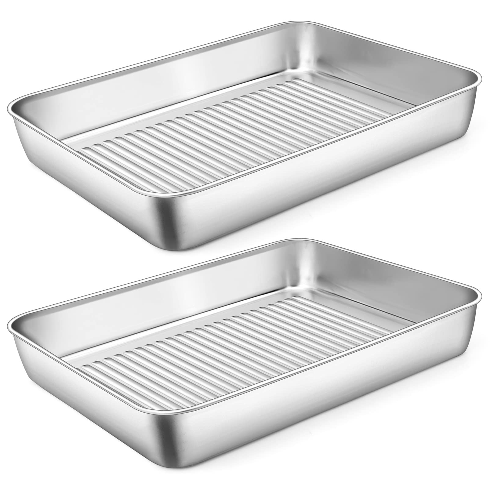 P&P CHEF 12.4 Inch Deep Rectangular Cake Pan, Stainless Steel Baking Pan Lasagna Pan for Toaster Oven, For Bake Cookie Cake Meat, Corrugated Bottom & Heavy Duty, Non-Toxic & Dishwasher Safe, 2Pcs