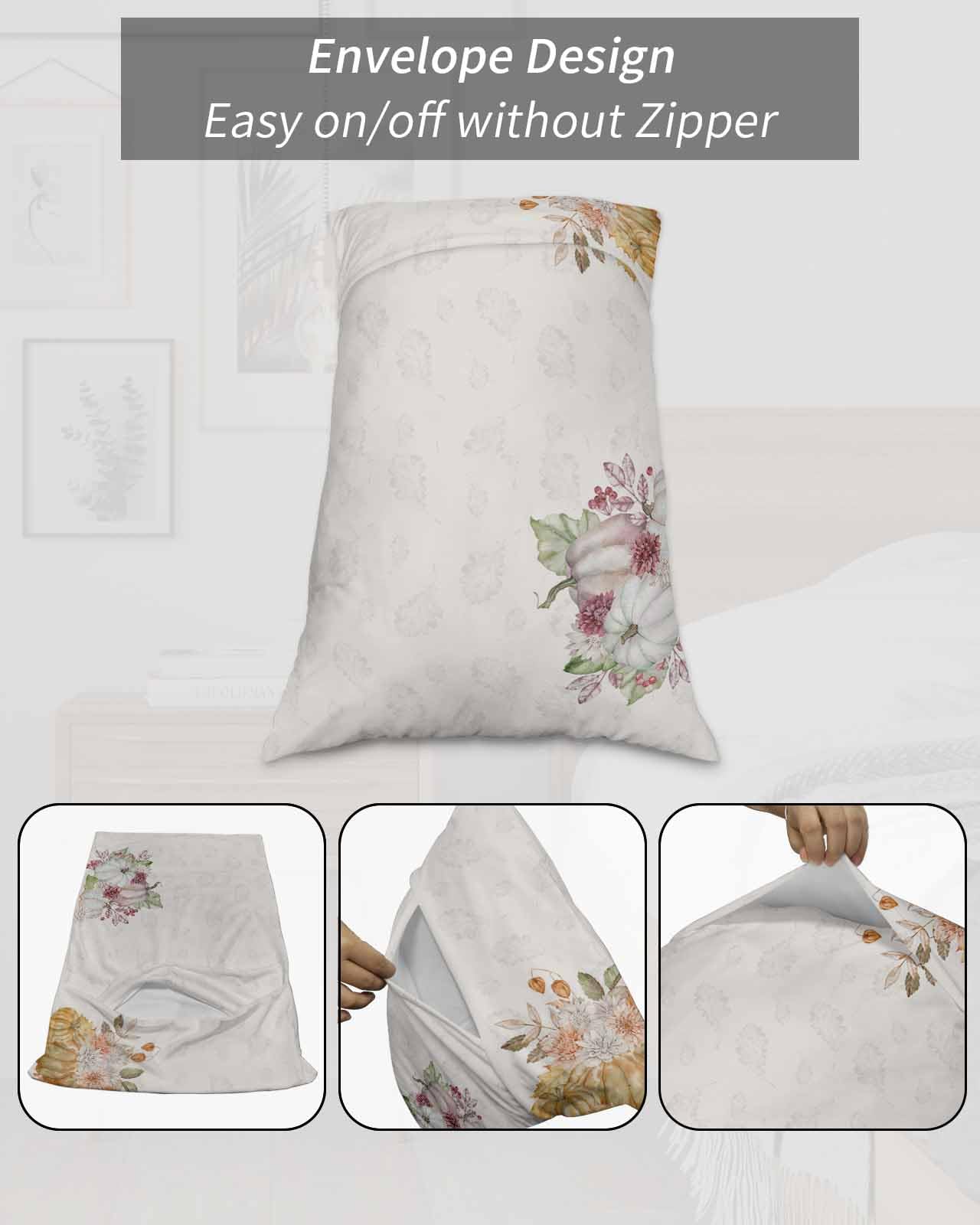 Edwiinsa Fall Pumpkin Pillow Covers King Standard Set of 2 Bed Pillow, Farmhouse Autumn Fallen Leaf Splicing Plush Soft Comfort for Hair/Skin Cooling Pillowcases with Envelop Closure 20''x36''