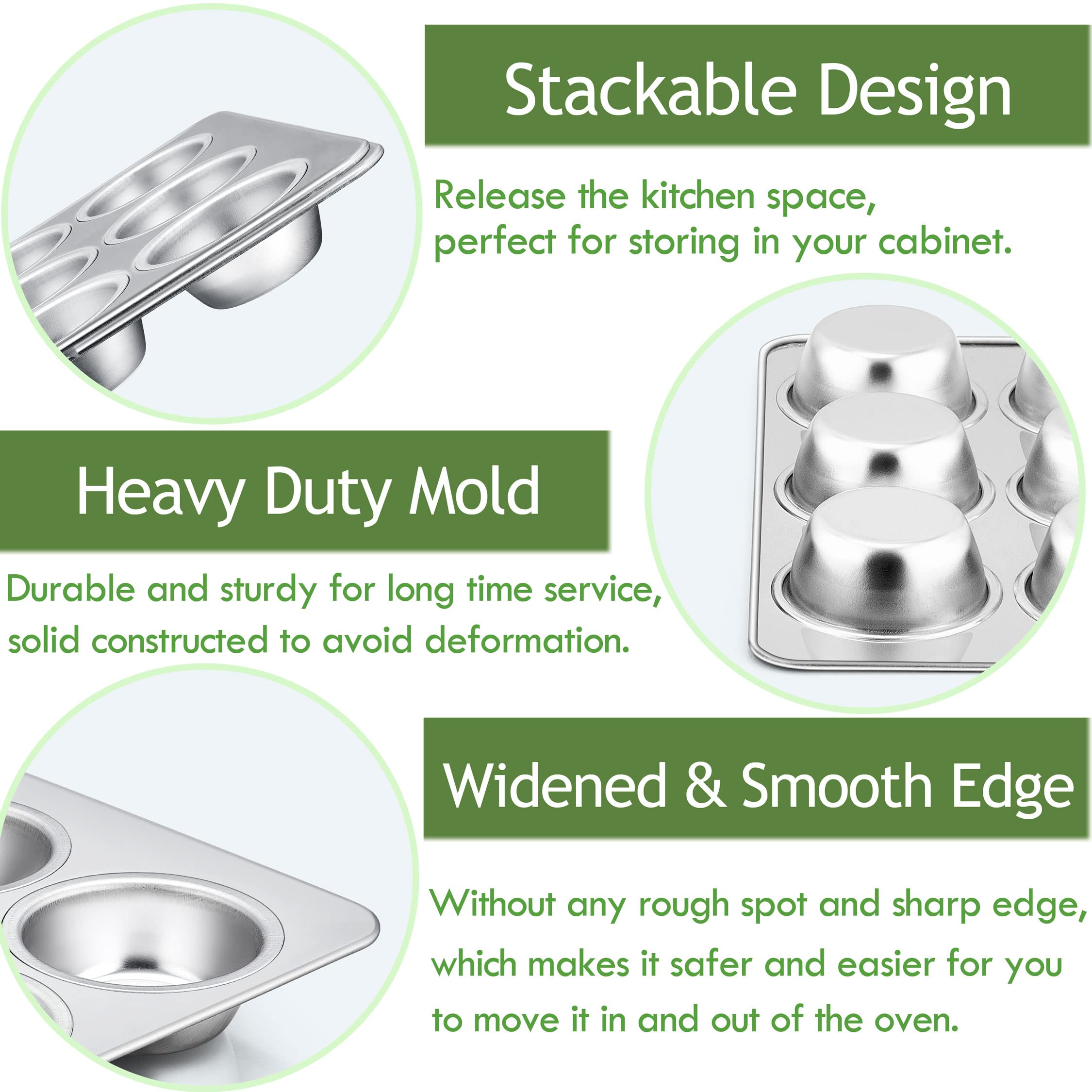 Herogo 2 Pack Stainless Steel Muffin Pan Tin for Baking, 6-Cup and 9-Cup Metal Nonstick Cupcake Molds Tray Set for Making Egg Muffin, Easy to Clean & Quick Release, Oven & Dishwasher Safe