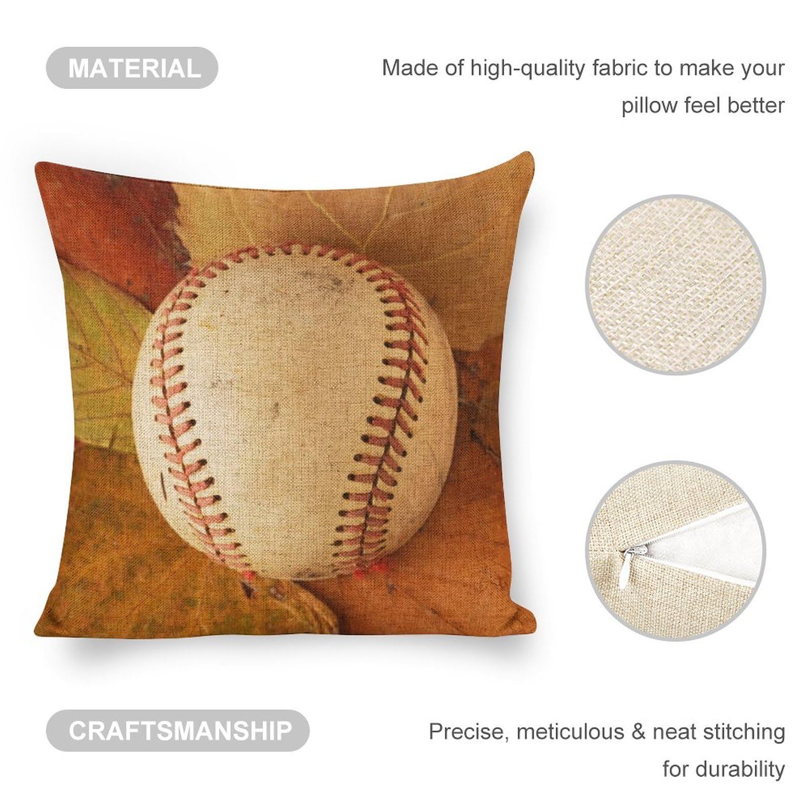 Maple Leaves Baseball Throw Pillow Covers 18×18 Pillowcases Set of 2 Autumn Softball Linen Decorative Square Pillow Case Cushion Covers Standard Size for Sofa Couch Outdoor Bed Pillow Protectors