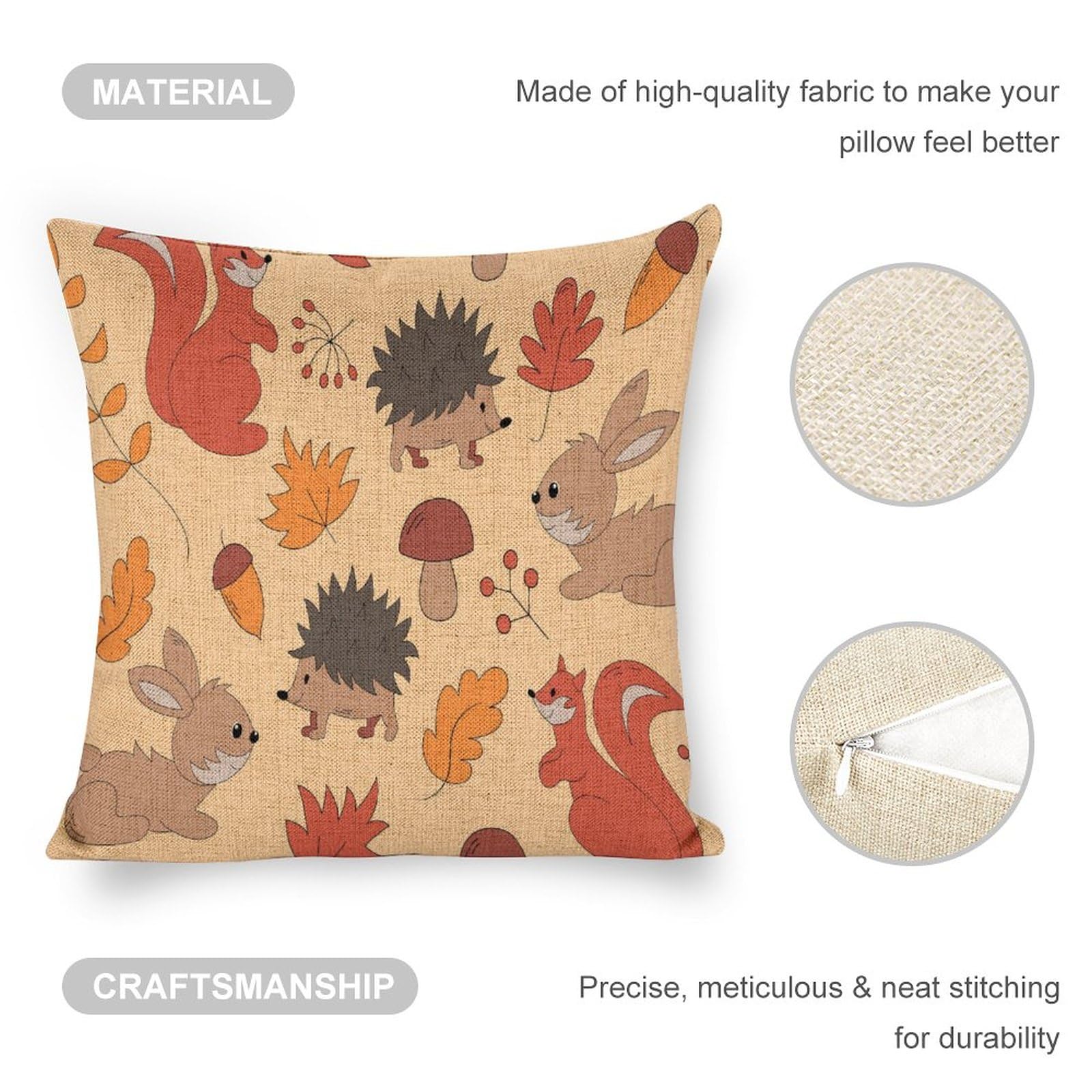 Cute Autumn Animal Throw Pillow Covers 18×18 Pillowcases Set of 2 Thanksgiving Day Linen Decorative Square Pillow Case Cushion Covers Standard Size for Sofa Couch Outdoor Bed Pillow Protectors