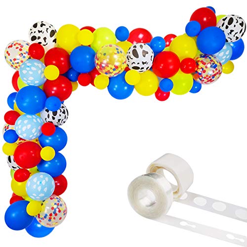 Toy Inspired Story Balloon Arch & Garland Kit, 85 Pack 12" 5" Cloud Cow Print Balloons Red Yellow Blue Fruit Green Latex Balloons Confetti Balloon Set for Baby Shower Kids Birthday Party Decorations