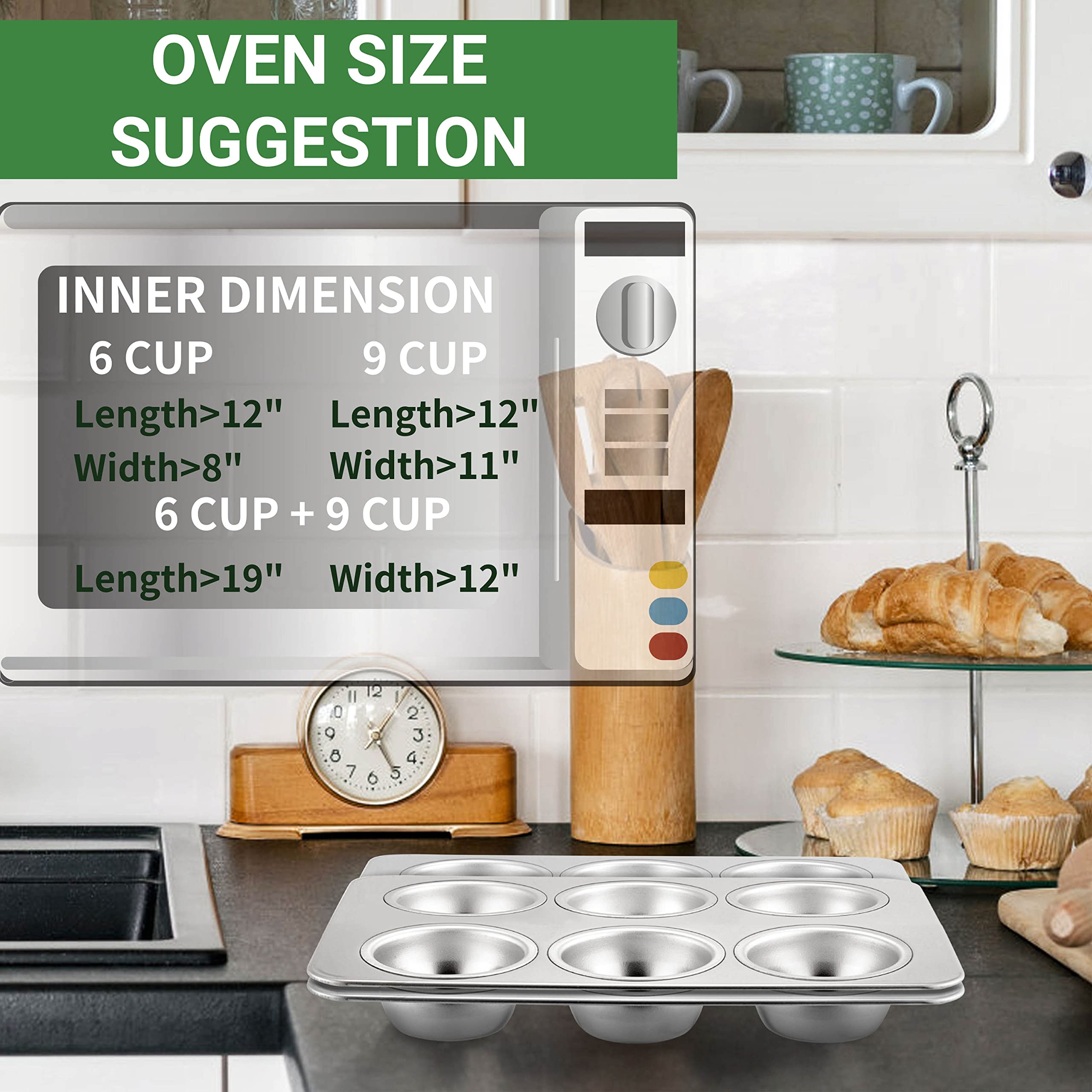 Herogo 2 Pack Stainless Steel Muffin Pan Tin for Baking, 6-Cup and 9-Cup Metal Nonstick Cupcake Molds Tray Set for Making Egg Muffin, Easy to Clean & Quick Release, Oven & Dishwasher Safe