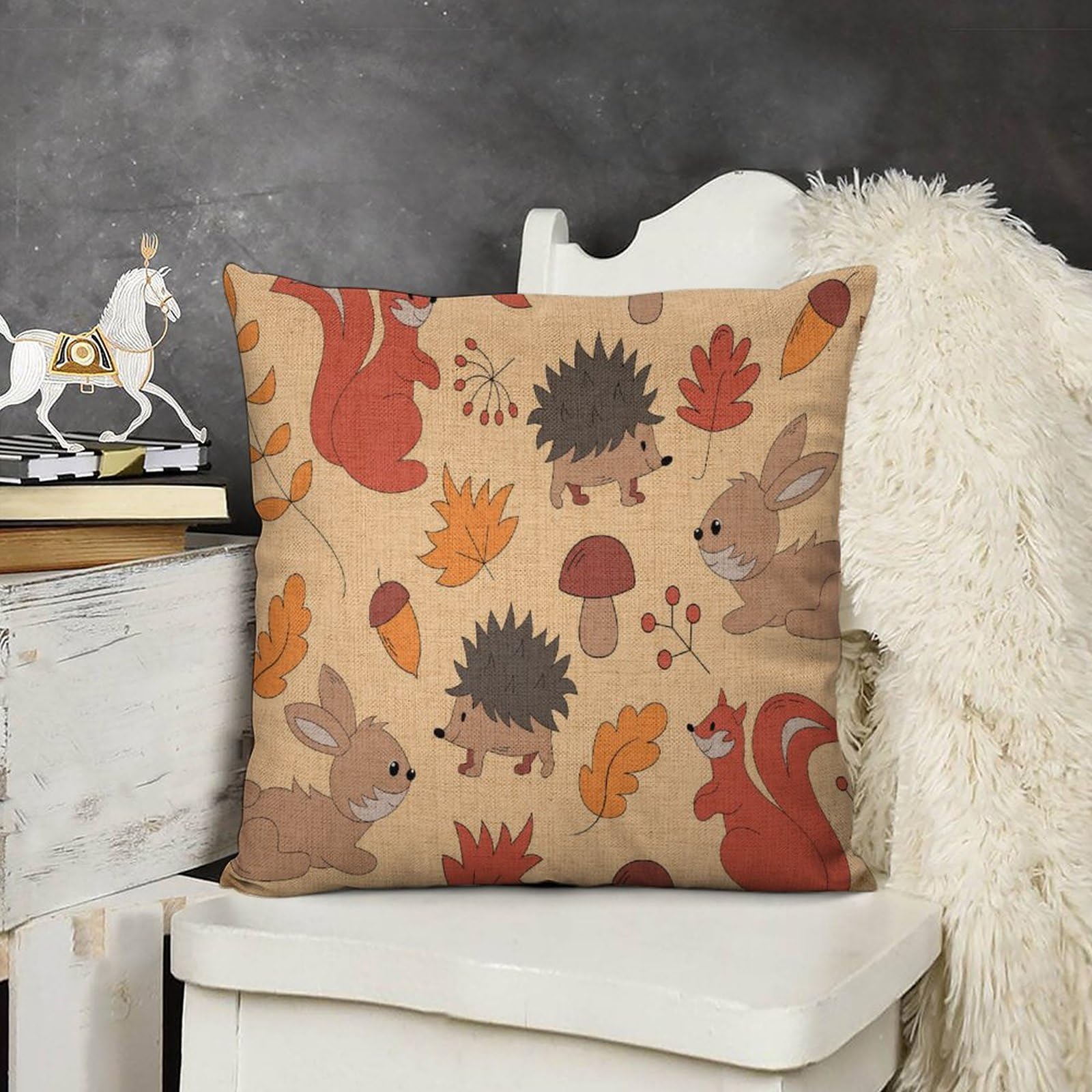 Cute Autumn Animal Throw Pillow Covers 18×18 Pillowcases Set of 2 Thanksgiving Day Linen Decorative Square Pillow Case Cushion Covers Standard Size for Sofa Couch Outdoor Bed Pillow Protectors