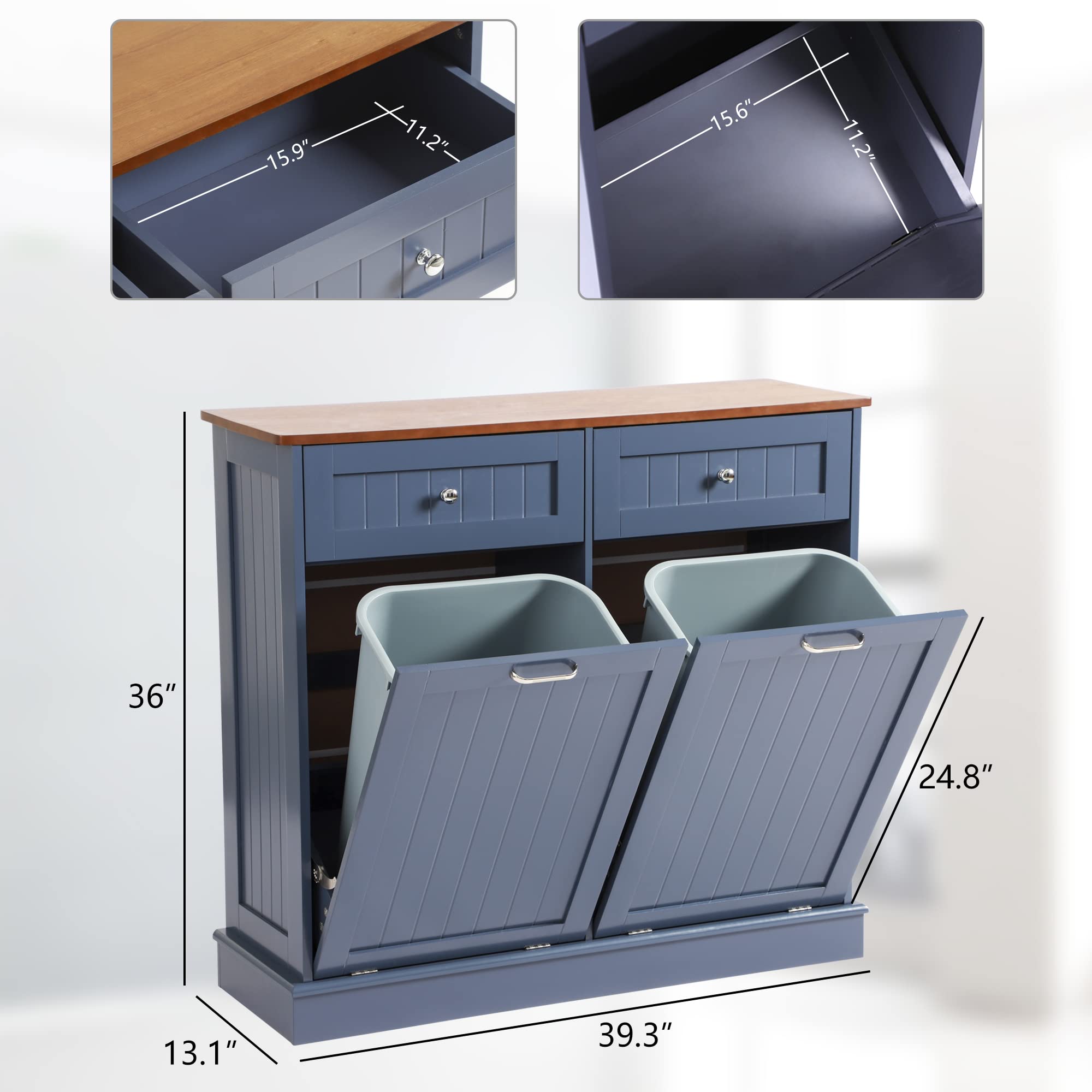 LOUVIXA Tilt Out Trash Can Cabinet with Double Hidden Trash Bin Holder, Kitchen Free Standing Recycling Cabinet,Dog Proof Trash Can,Wood, Blue