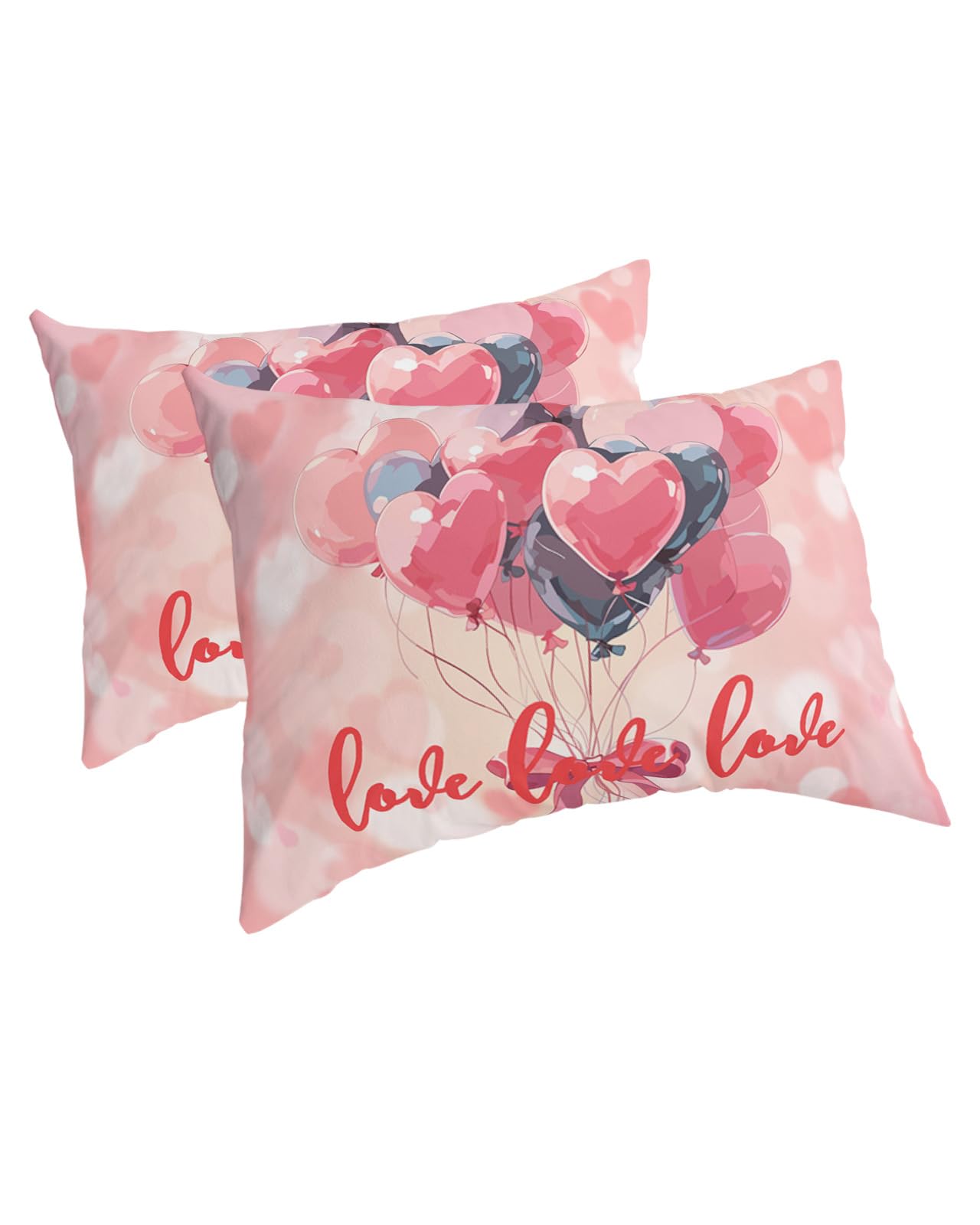 Hokiten Standard Size Pillow Cases Set of 2 - Love Heart Valentine's Day Microfiber Soft Pillowcases with Envelop Closure, Pink Red Grey Love Heart Balloon Lumbar Pillow Cover for Sofa, 20x26 Inches