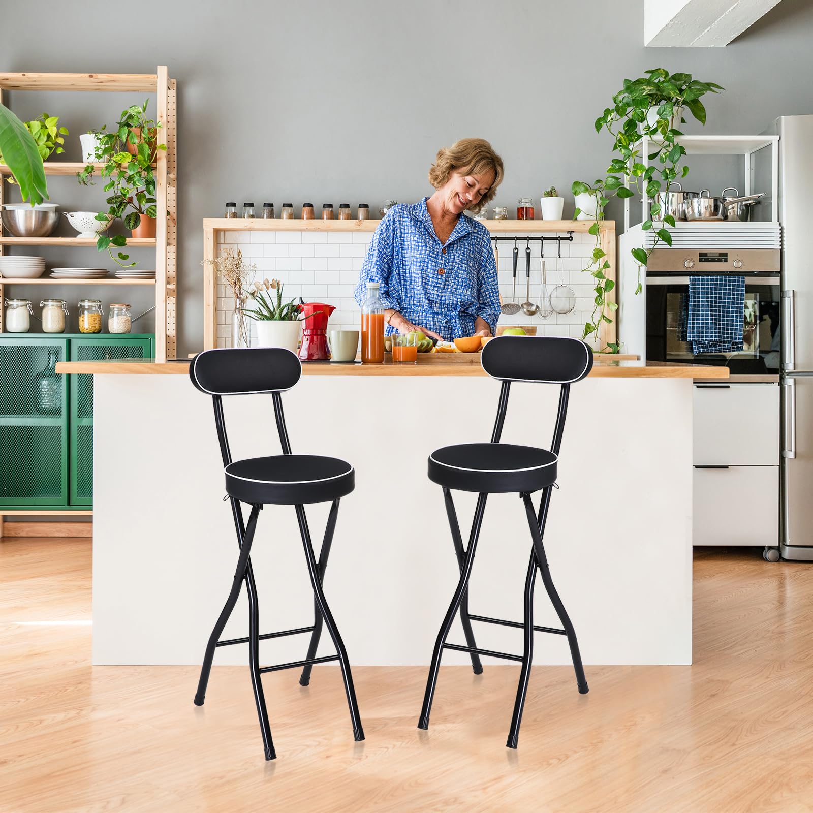 Thyle Folding Stool with Backrest 25.6 Inch Counter Height Folding Bar Stools with Cushioned Padded Foldable Portable Chairs for Adults Kitchen Garden Camping(Black,2 Pcs)