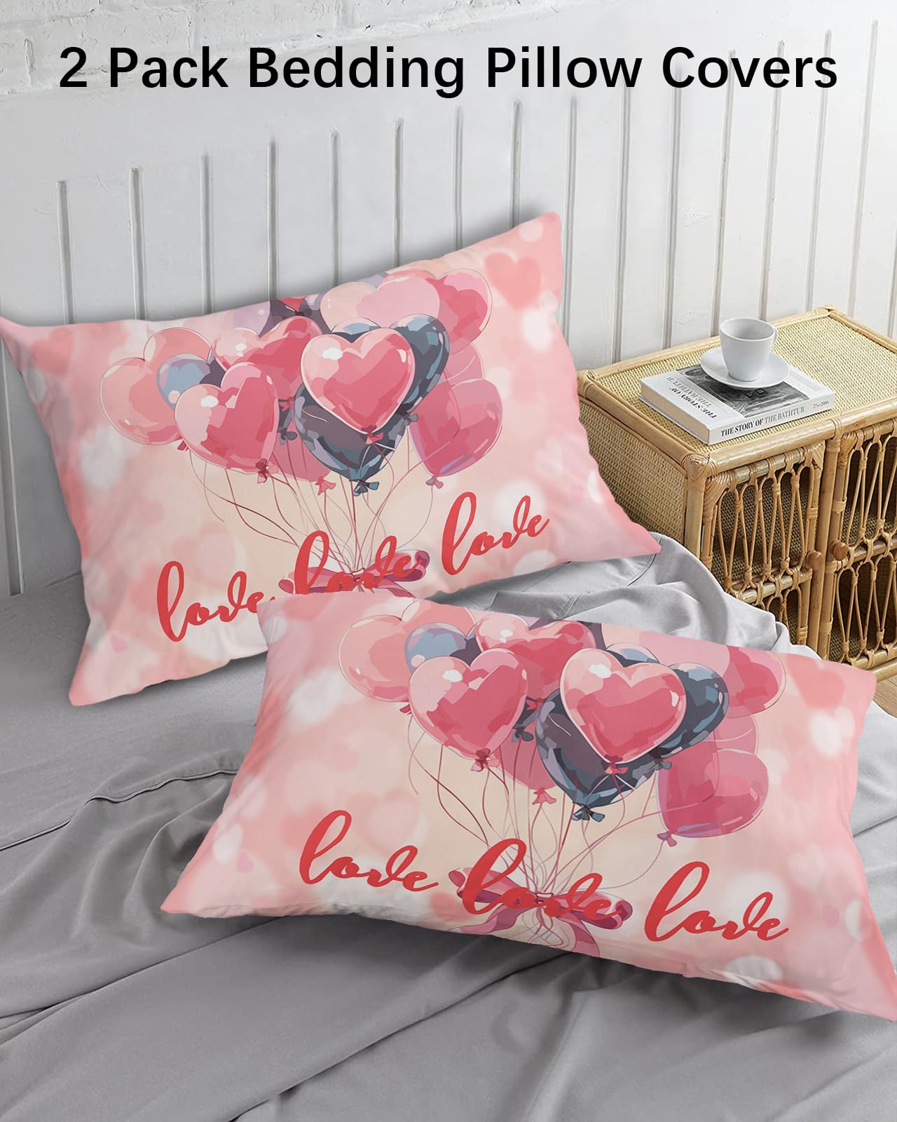 Hokiten Standard Size Pillow Cases Set of 2 - Love Heart Valentine's Day Microfiber Soft Pillowcases with Envelop Closure, Pink Red Grey Love Heart Balloon Lumbar Pillow Cover for Sofa, 20x26 Inches