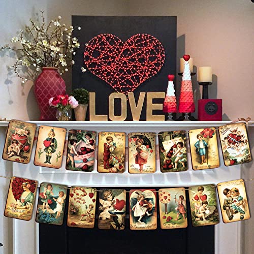 2Pcs Valentine's Day Vintage Style Wood Banner Decorations, Victorian Themed Valentine Hanging Ornaments Decoration Hang Bunting Party Supplies, Window Fireplace Wall Yard Indoor Outdoor Decor
