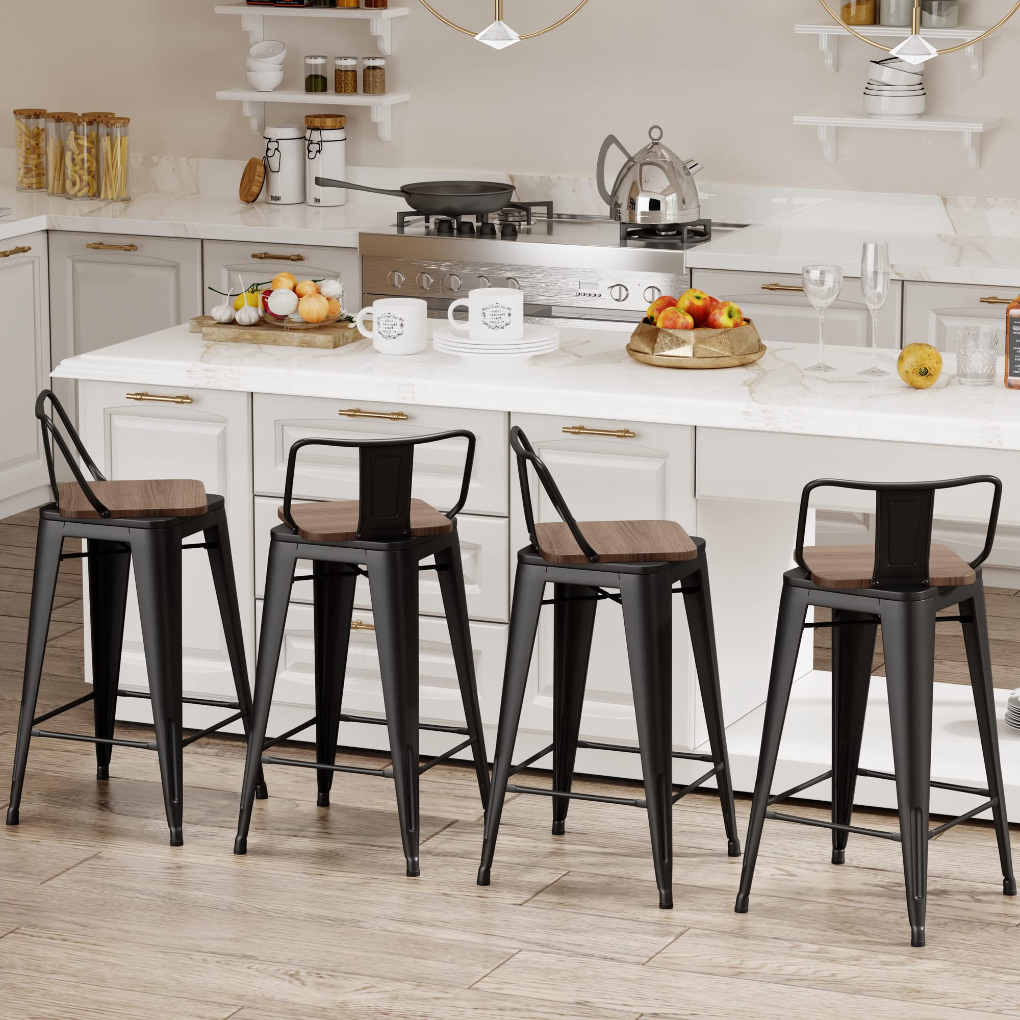 Changjie Furniture 30 Inch Swivel Bar Stools Set of 4 Counter Height Swivel Bar Stools with Backs Industrial Barstools for Kitchen (Swivel 30 inch,Matte Black Wooden)