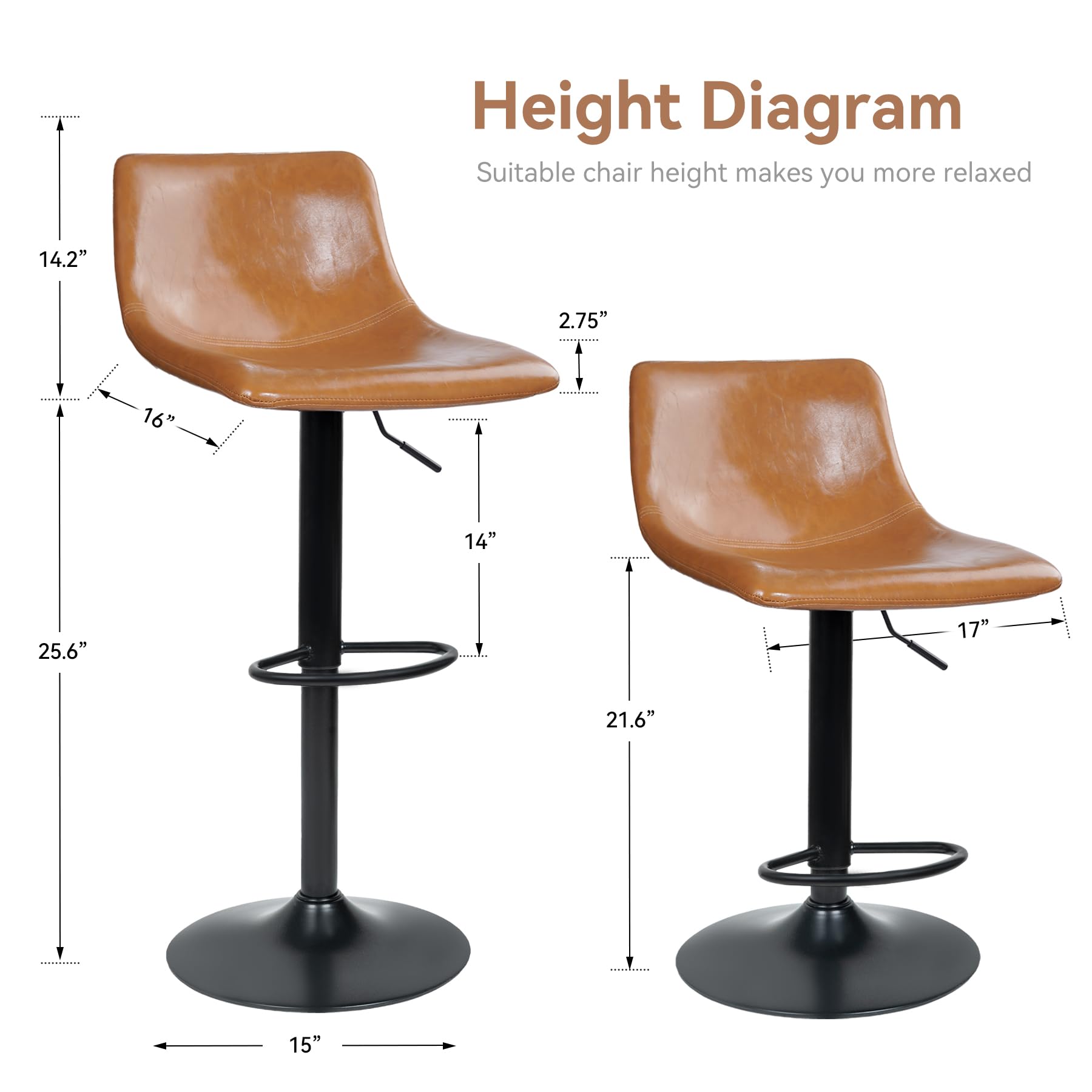 Nalupatio Bar Stools Set of 2, Modern PU Leather Adjustable Swivel Bar Stool, Counter Height Barstools for Home Kitchen Island, Brown