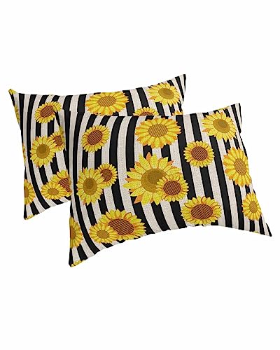 Edwiinsa Sunflower Pillow Covers Standard Size Set of 2 20x26 Bed Pillow, Summer Farmhouse Black and White Striped Plush Soft Comfort for Hair/Skin Cooling Pillowcases with Envelop Closure