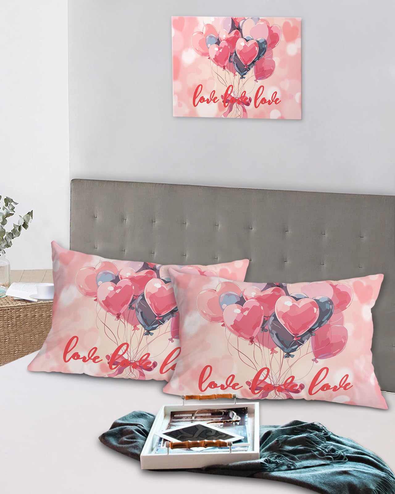 Hokiten Standard Size Pillow Cases Set of 2 - Love Heart Valentine's Day Microfiber Soft Pillowcases with Envelop Closure, Pink Red Grey Love Heart Balloon Lumbar Pillow Cover for Sofa, 20x26 Inches
