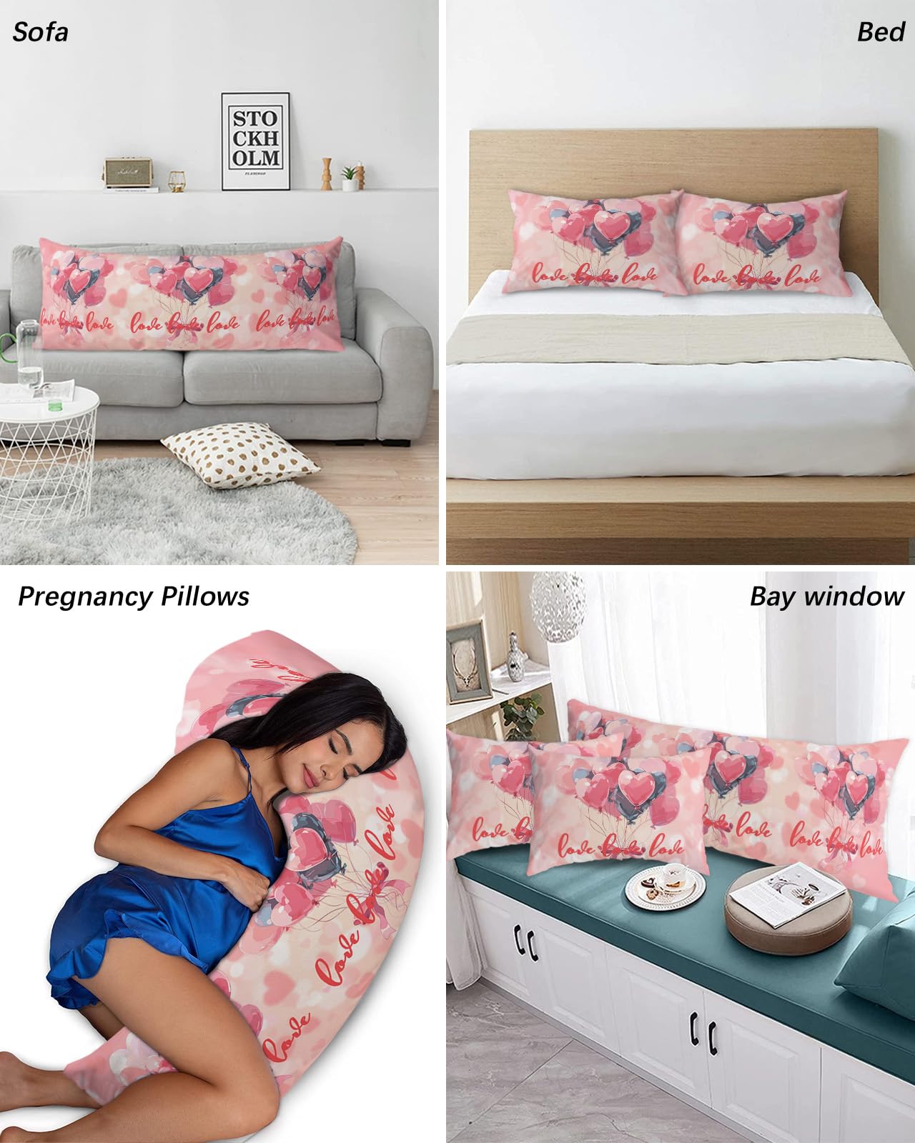 Hokiten Standard Size Pillow Cases Set of 2 - Love Heart Valentine's Day Microfiber Soft Pillowcases with Envelop Closure, Pink Red Grey Love Heart Balloon Lumbar Pillow Cover for Sofa, 20x26 Inches