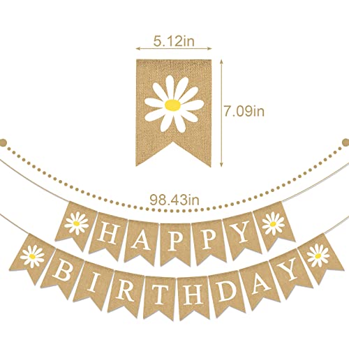Pudodo Jute Burlap Daisy Themed Happy Birthday Banner Spring Summer Birthday Party Nursery Kitchen Mantle Fireplace Decoration