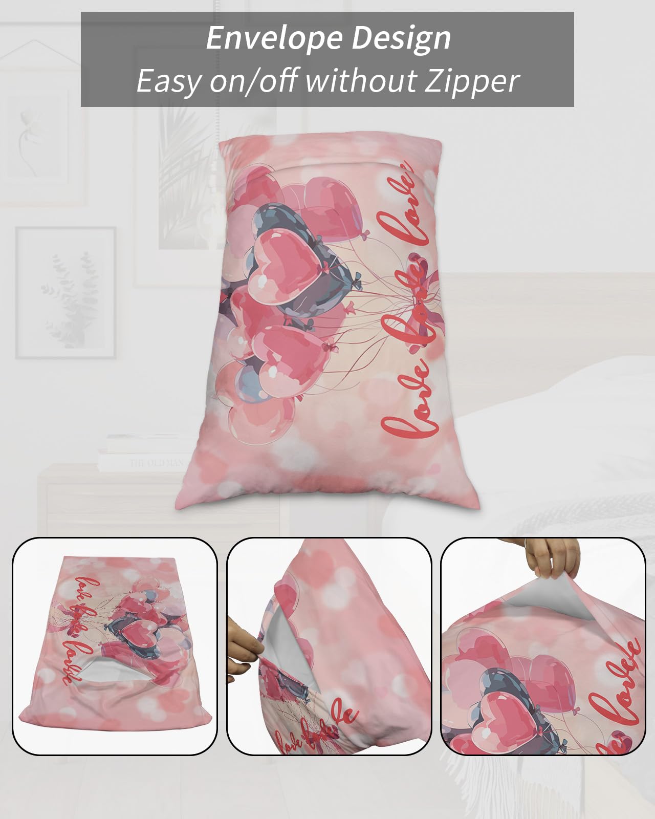 Hokiten Standard Size Pillow Cases Set of 2 - Love Heart Valentine's Day Microfiber Soft Pillowcases with Envelop Closure, Pink Red Grey Love Heart Balloon Lumbar Pillow Cover for Sofa, 20x26 Inches