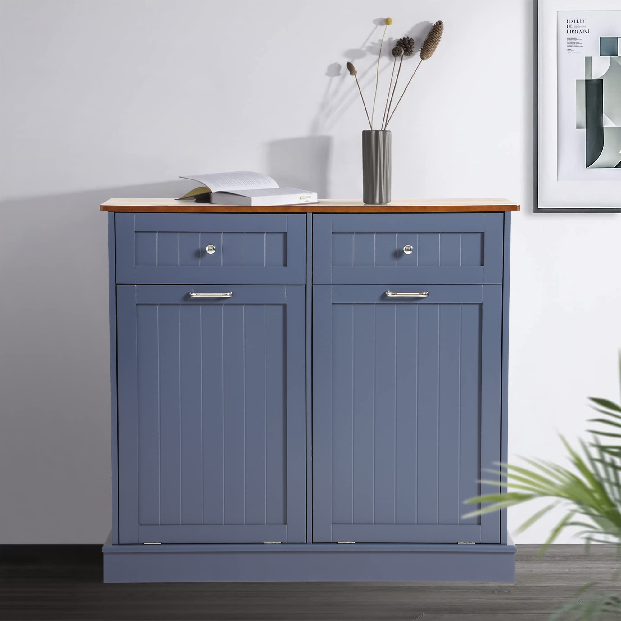 LOUVIXA Tilt Out Trash Can Cabinet with Double Hidden Trash Bin Holder, Kitchen Free Standing Recycling Cabinet,Dog Proof Trash Can,Wood, Blue