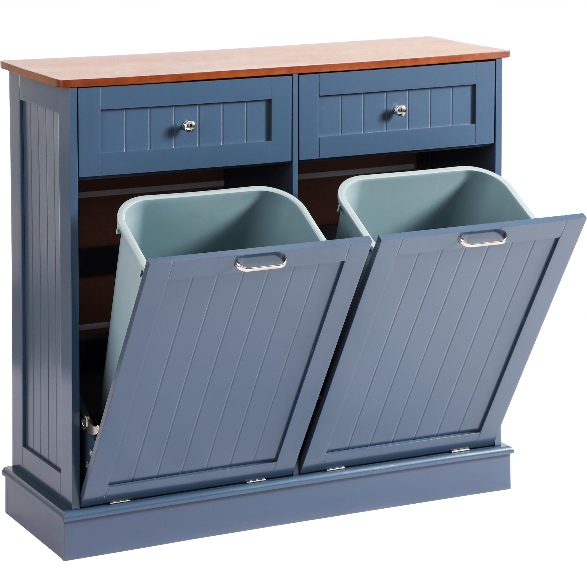 LOUVIXA Tilt Out Trash Can Cabinet with Double Hidden Trash Bin Holder, Kitchen Free Standing Recycling Cabinet,Dog Proof Trash Can,Wood, Blue