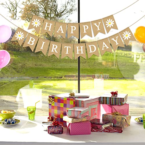 Pudodo Jute Burlap Daisy Themed Happy Birthday Banner Spring Summer Birthday Party Nursery Kitchen Mantle Fireplace Decoration