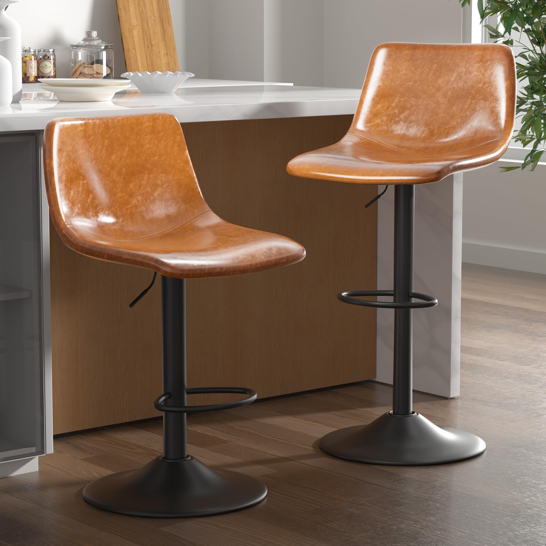 Nalupatio Bar Stools Set of 2, Modern PU Leather Adjustable Swivel Bar Stool, Counter Height Barstools for Home Kitchen Island, Brown