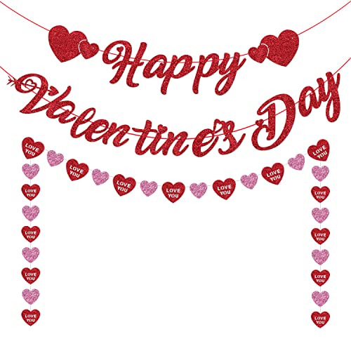 MAGICMAI Valentines Day Decoration - Happy Decor Heart Banner | Valentine Party Decorations Garland for Anniversary Wedding Supplies (Red Glitter)