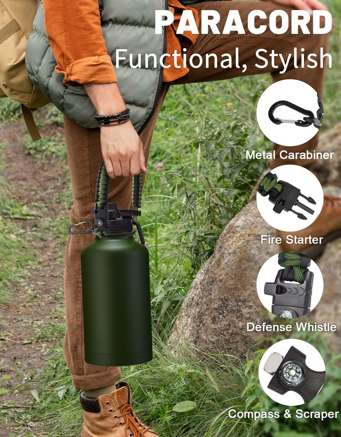 DIGJUPER 64OZ Vacuum Insulated Water Bottle - Keep Hot Cold Vacuum Flasks with Straw & Spout Lids, Paracord Handle, Water Bottler Carrier Holder & Protective Cup Mat, 1.8L Stainless Steel Water Jug