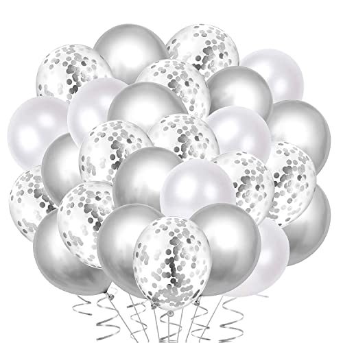 60 PCS White Silver Confetti Latex Balloons, 12 inch Silver Metallic Balloon with White Latex Balloons for Wedding Birthday Baby Shower Decorations