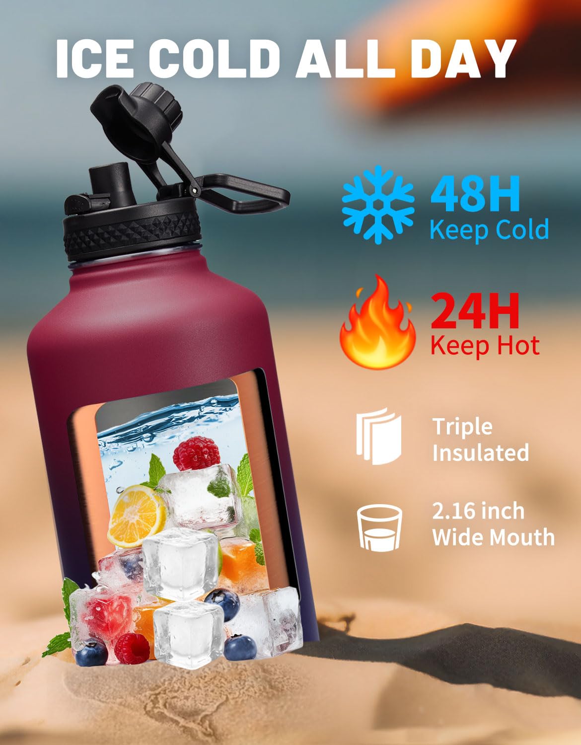 DIGJUPER 64OZ Vacuum Insulated Water Bottle - Keep Hot Cold Vacuum Flasks with Straw & Spout Lids, Paracord Handle, Water Bottler Carrier Holder & Protective Cup Mat, 1.8L Stainless Steel Water Jug