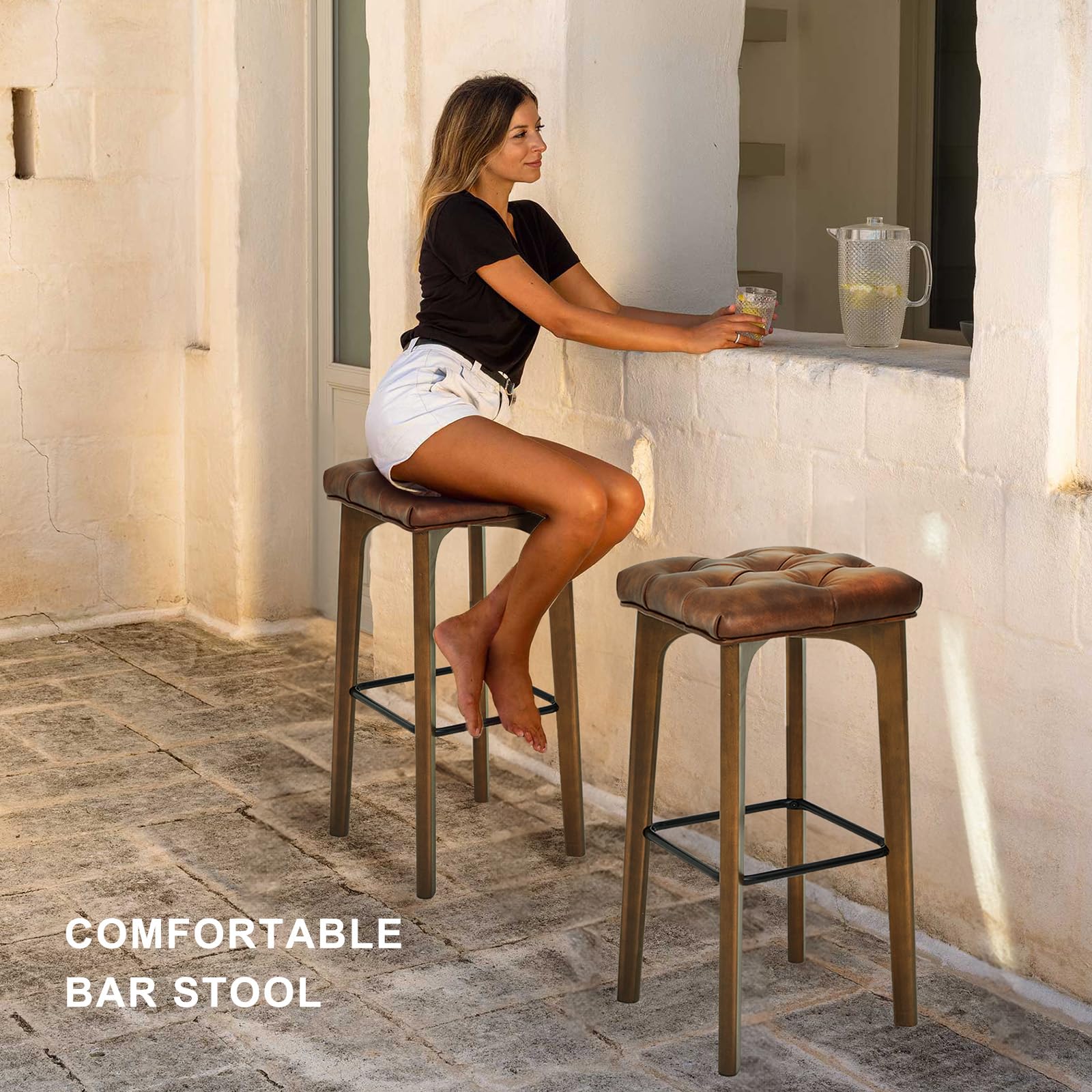 BarEasy Bar Height Stools, 2pcs Leather Wood Bar Stoolst for Kitchen Island(Brown) 1