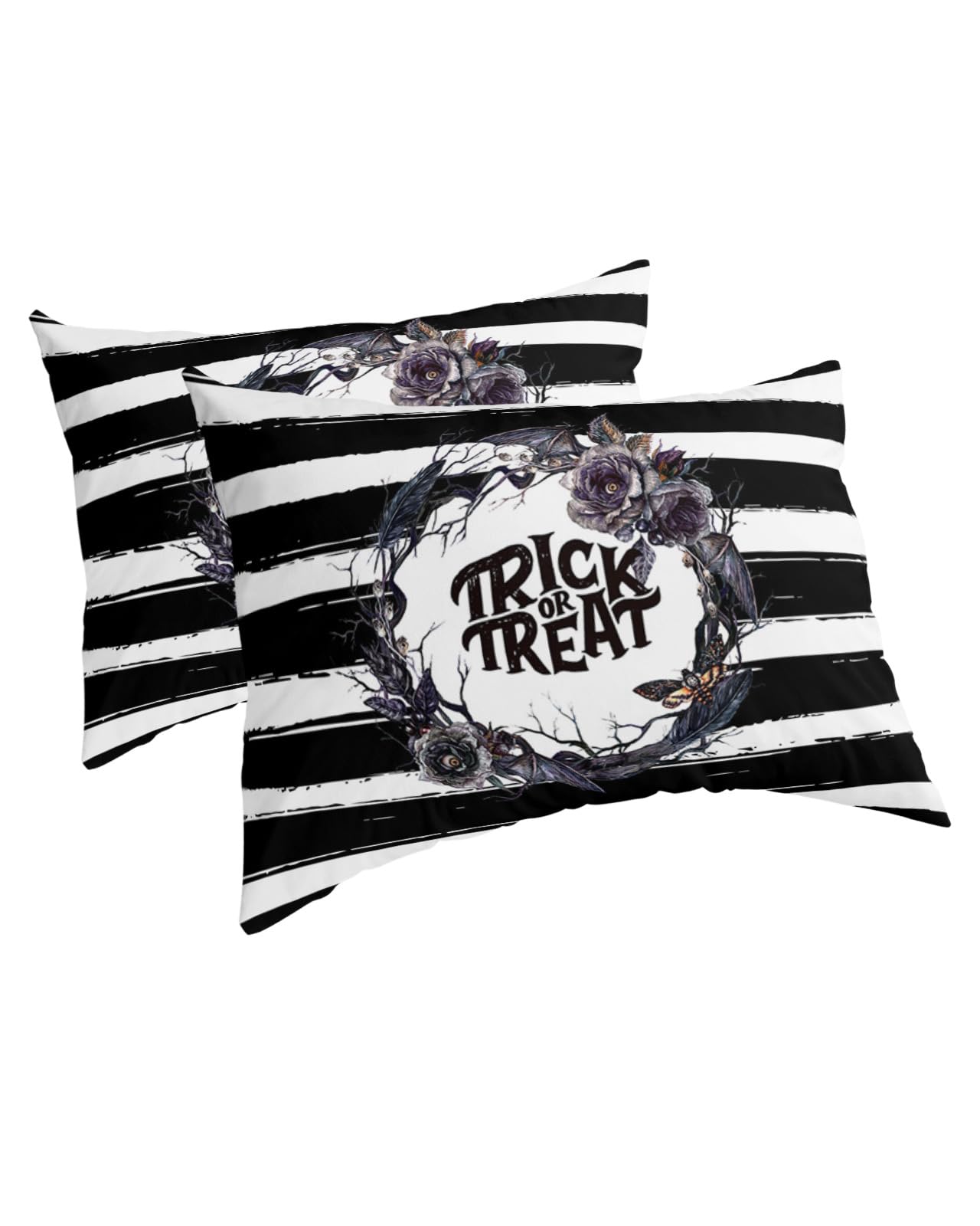Edwiinsa Halloween Rose Pillow Covers King Standard Set of 2 Bed Pillow, Plush Soft Comfort for Hair/Skin Cooling Pillowcases with Envelop Closure 20x36 Inches Black Geometric Stripes Flower