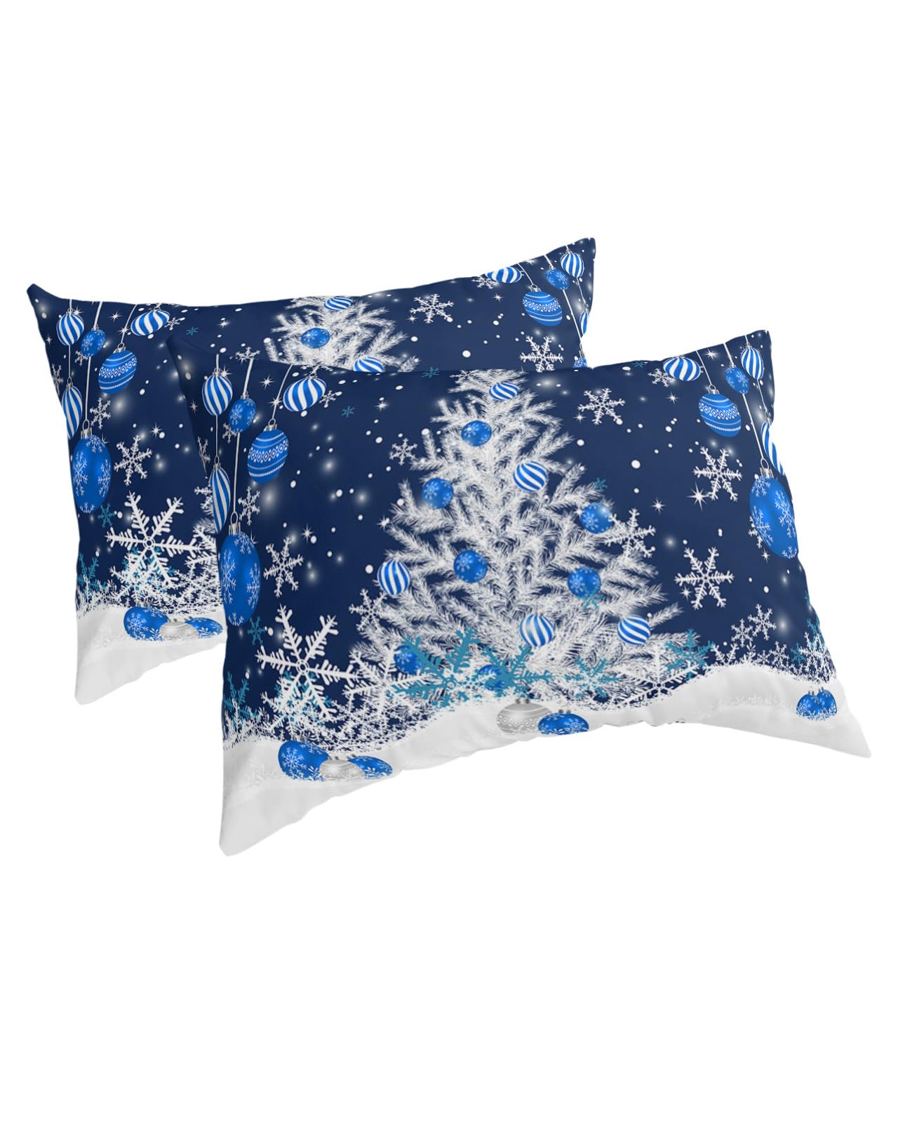 Hokiten Standard Size Pillow Cases Set of 2 - Christmas Tree, Microfiber Soft Pillowcases with Envelop Closure, Blue Fantasy Snowflake Xmas Ball Lumbar Pillow Cover for Sofa/Couch, 20x26 Inches
