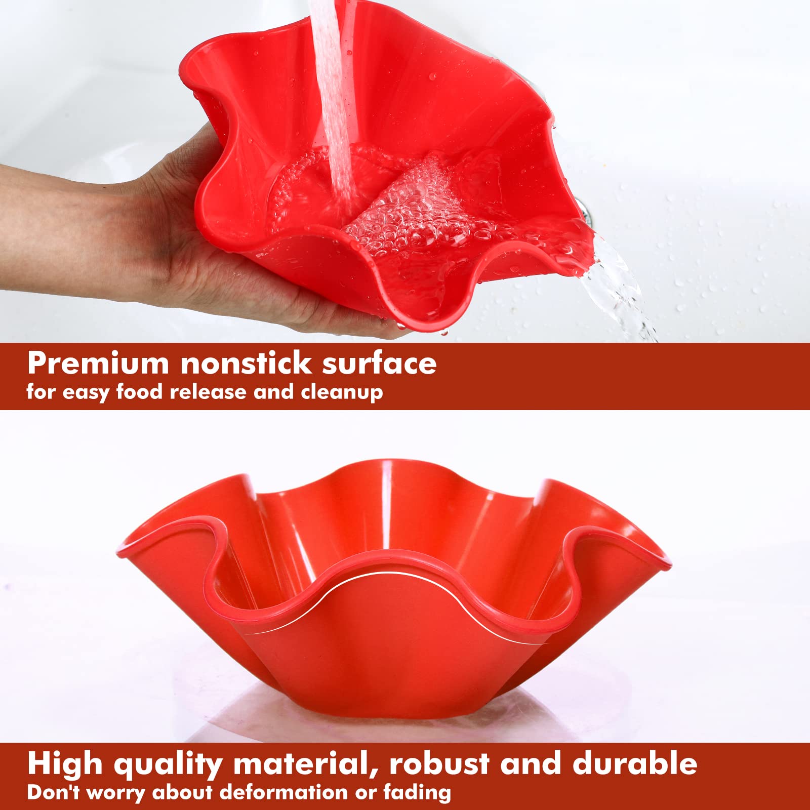Koluti Nonstick Silicone Tortilla Shell Maker Set of 3, Colorful Taco Salad Bowl Mold, Baking Pan Tostada Baker for Kitchen, Microwave & Dishwasher & Oven Safe (Red Orange Green)