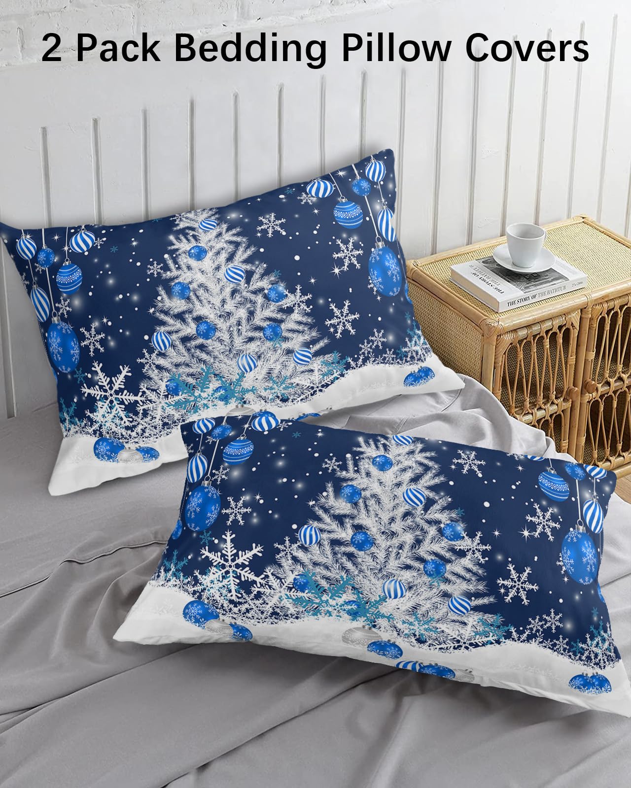 Hokiten Standard Size Pillow Cases Set of 2 - Christmas Tree, Microfiber Soft Pillowcases with Envelop Closure, Blue Fantasy Snowflake Xmas Ball Lumbar Pillow Cover for Sofa/Couch, 20x26 Inches