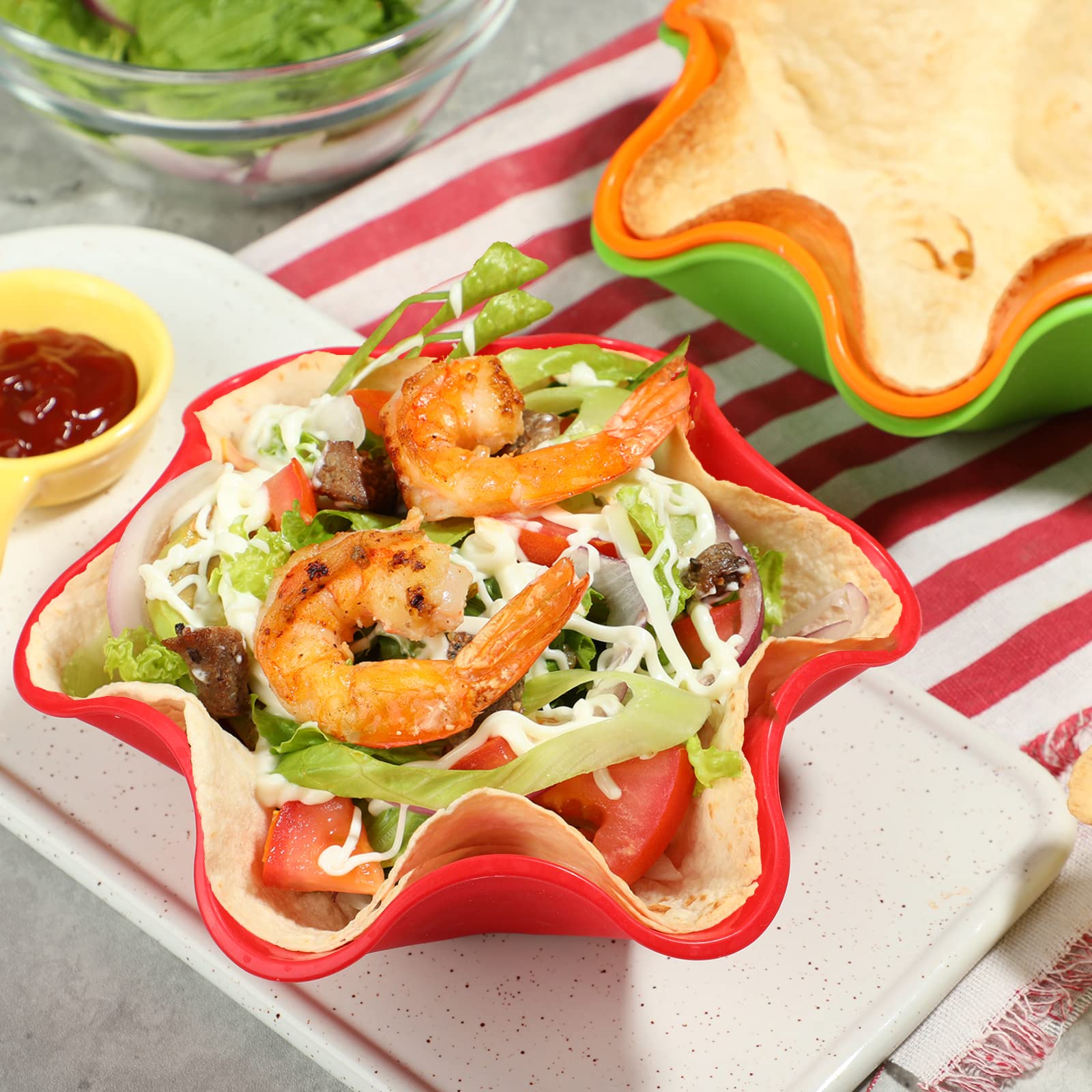 Koluti Nonstick Silicone Tortilla Shell Maker Set of 3, Colorful Taco Salad Bowl Mold, Baking Pan Tostada Baker for Kitchen, Microwave & Dishwasher & Oven Safe (Red Orange Green)