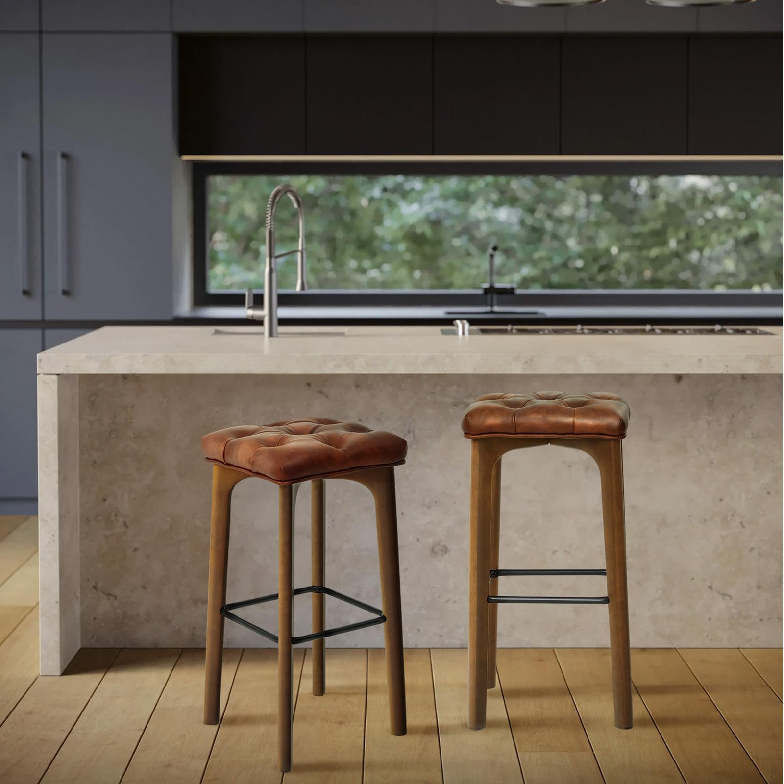 BarEasy Bar Height Stools, 2pcs Leather Wood Bar Stoolst for Kitchen Island(Brown) 1