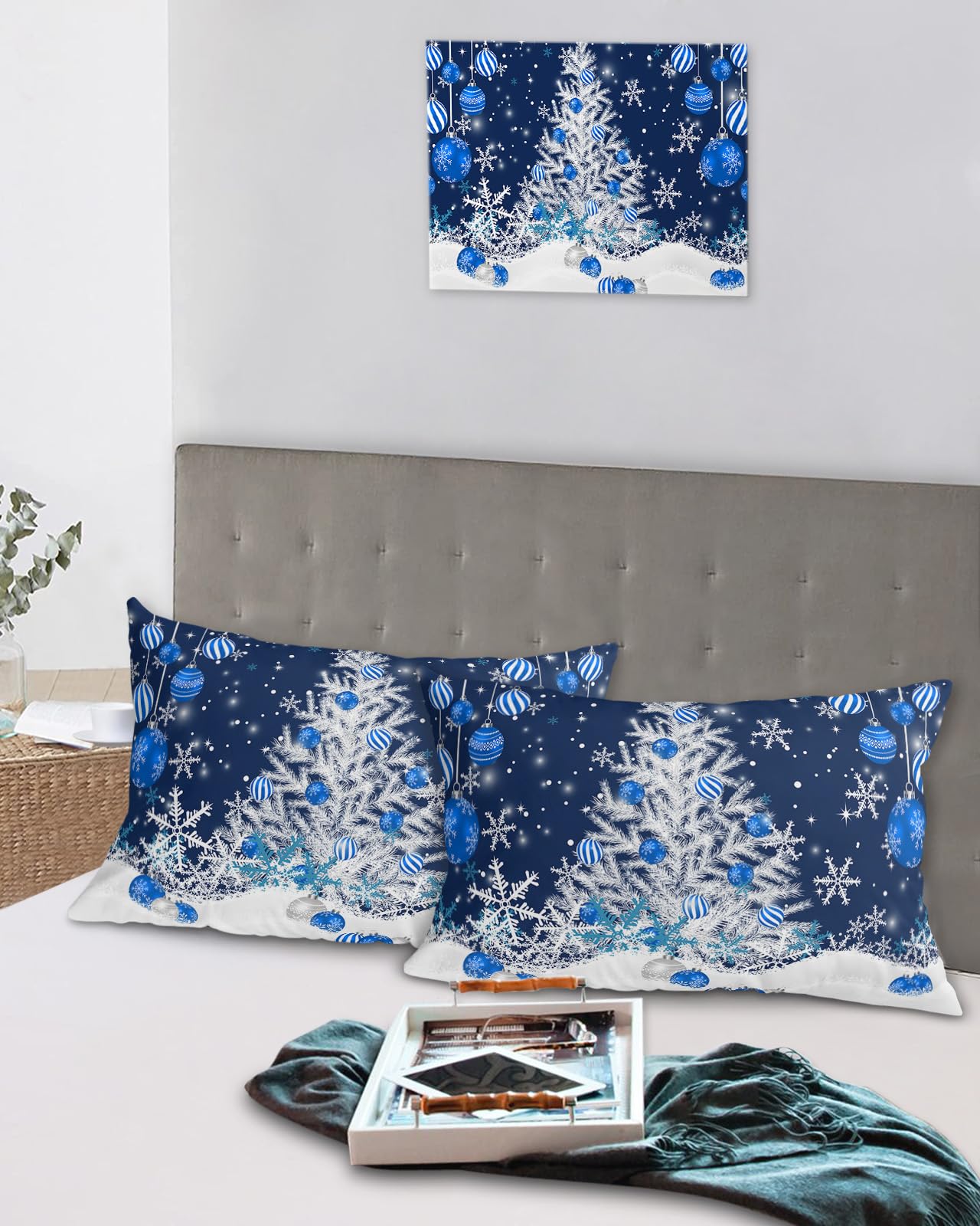 Hokiten Standard Size Pillow Cases Set of 2 - Christmas Tree, Microfiber Soft Pillowcases with Envelop Closure, Blue Fantasy Snowflake Xmas Ball Lumbar Pillow Cover for Sofa/Couch, 20x26 Inches
