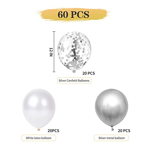 60 PCS White Silver Confetti Latex Balloons, 12 inch Silver Metallic Balloon with White Latex Balloons for Wedding Birthday Baby Shower Decorations