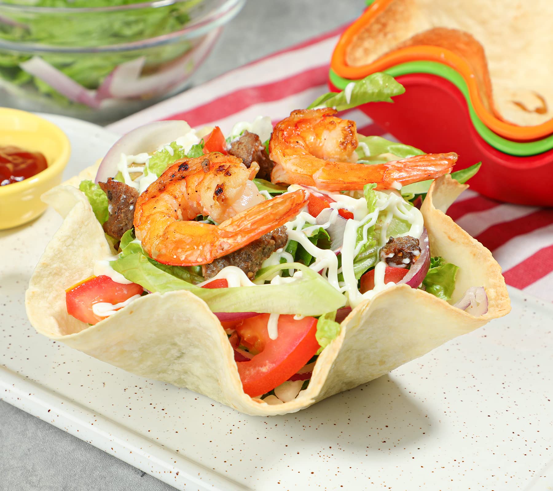 Koluti Nonstick Silicone Tortilla Shell Maker Set of 3, Colorful Taco Salad Bowl Mold, Baking Pan Tostada Baker for Kitchen, Microwave & Dishwasher & Oven Safe (Red Orange Green)