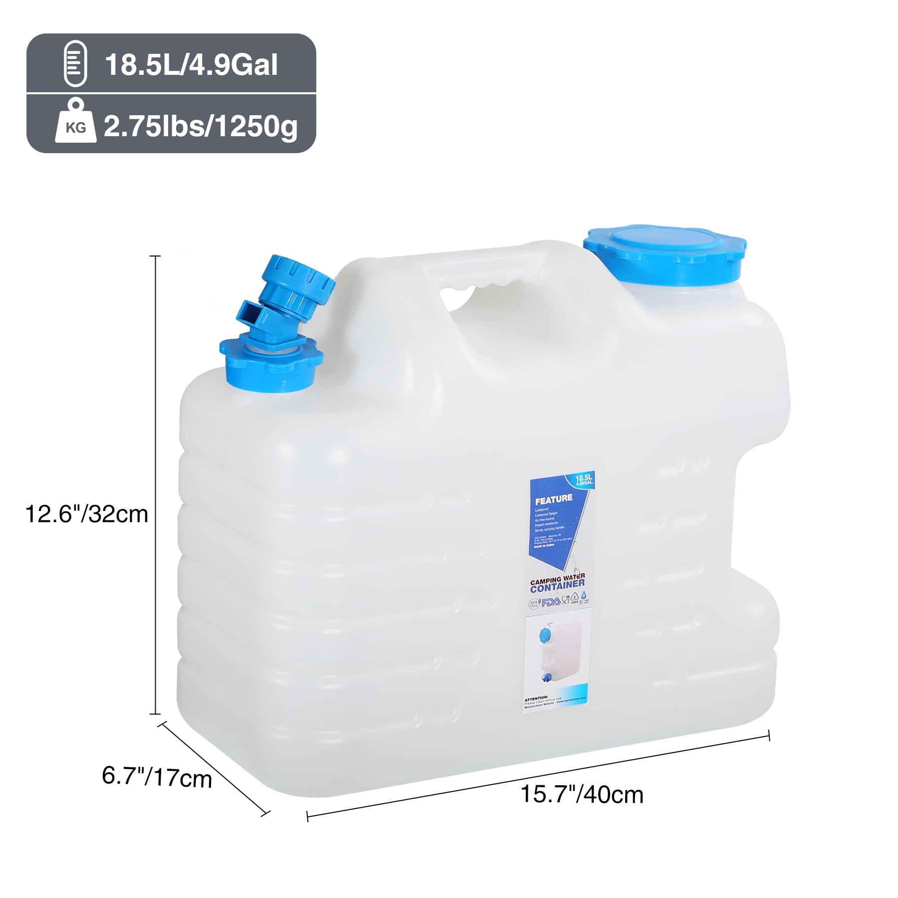 RedSwing 4.9 Gallon/18.5L Portable Water Container with Spigot, Water Storage Carrier for Camping Outdoor Hiking Backpacking, BPA Free