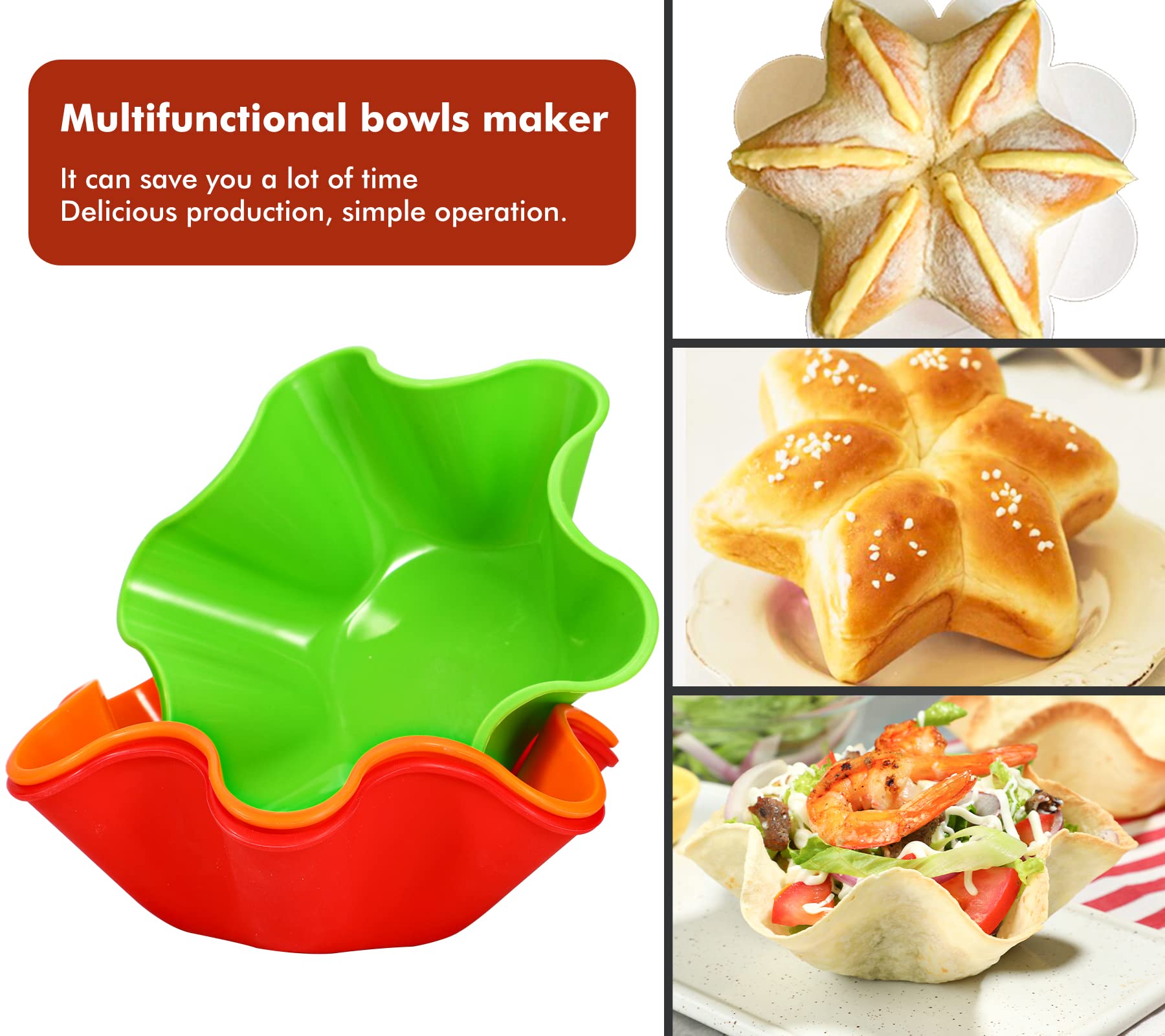 Koluti Nonstick Silicone Tortilla Shell Maker Set of 3, Colorful Taco Salad Bowl Mold, Baking Pan Tostada Baker for Kitchen, Microwave & Dishwasher & Oven Safe (Red Orange Green)
