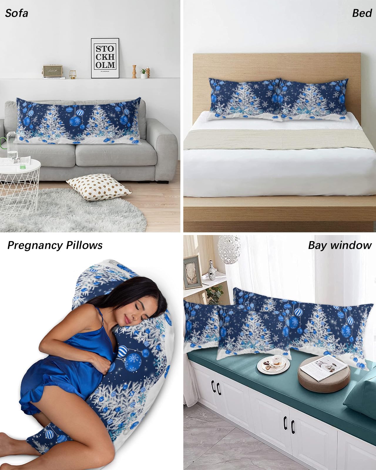 Hokiten Standard Size Pillow Cases Set of 2 - Christmas Tree, Microfiber Soft Pillowcases with Envelop Closure, Blue Fantasy Snowflake Xmas Ball Lumbar Pillow Cover for Sofa/Couch, 20x26 Inches