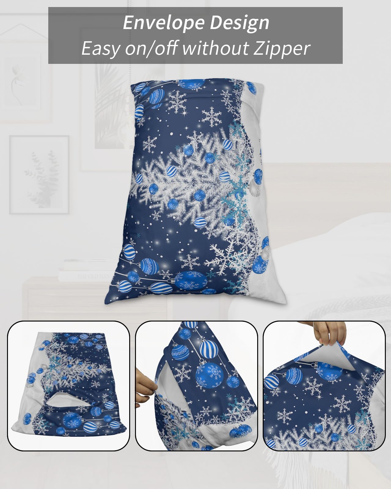 Hokiten Standard Size Pillow Cases Set of 2 - Christmas Tree, Microfiber Soft Pillowcases with Envelop Closure, Blue Fantasy Snowflake Xmas Ball Lumbar Pillow Cover for Sofa/Couch, 20x26 Inches