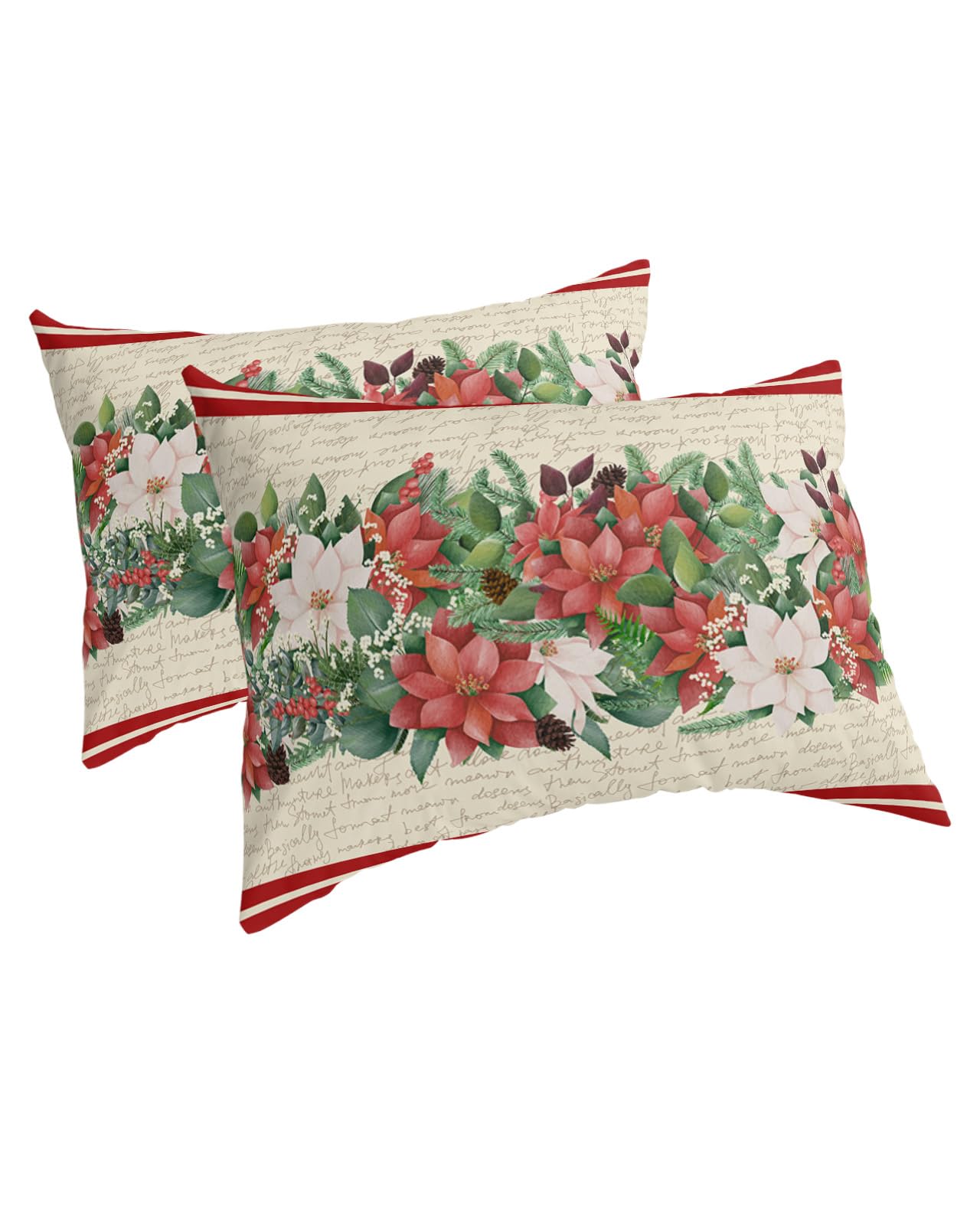 Edwiinsa Christmas Pillow Covers Standard Size Set of 2 Bed Pillow, Plush Soft Comfort for Hair/Skin Cooling Pillowcases with Envelop Closure 20x26 Inches Vintage Red Xmas Flower Winter Berry Stripe