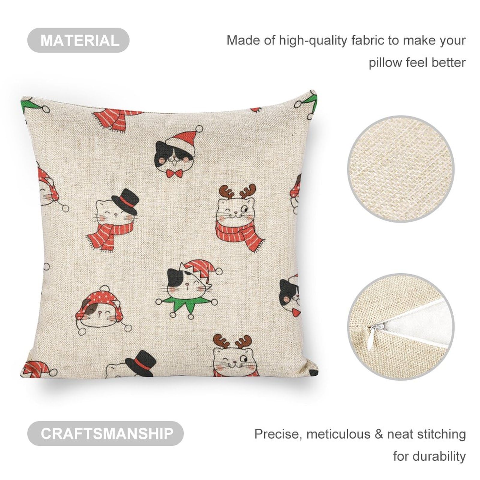 Happy Face Cats Christmas Throw Pillow Covers 18×18 Pillowcases Set of 2 Winter Doodles Linen Decorative Square Pillow Case Cushion Covers Standard Size for Sofa Couch Outdoor Bed Pillow Protectors