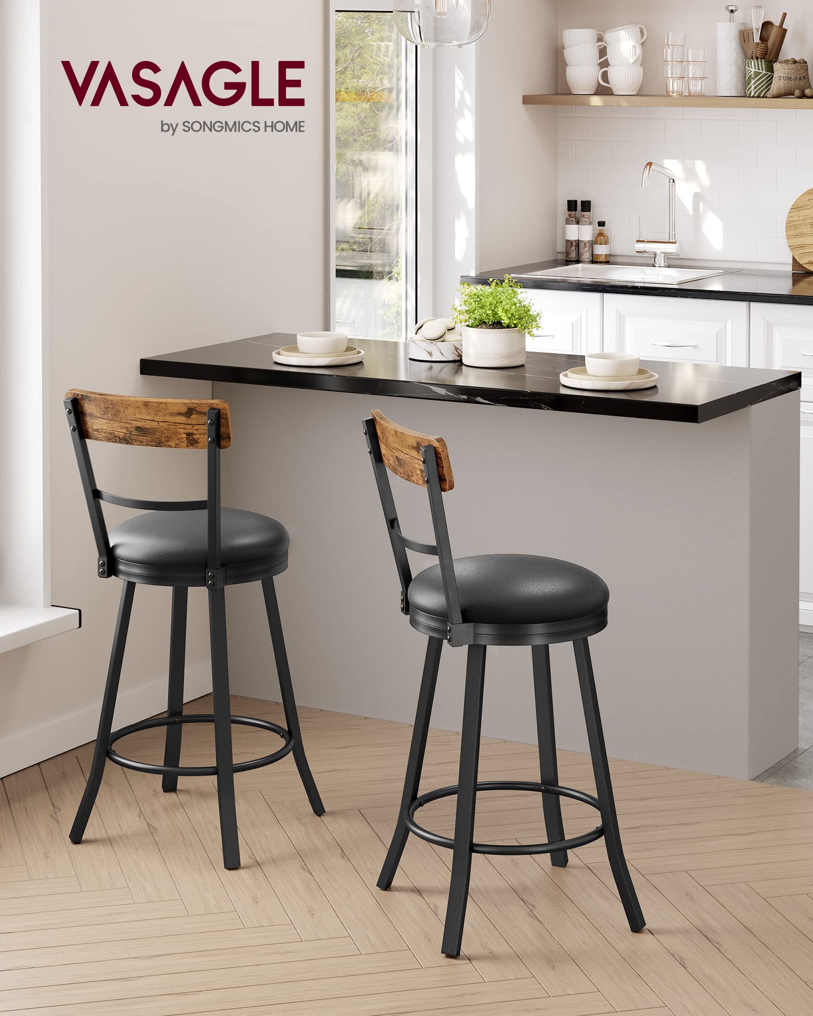 VASAGLE Bar Stool, Swivel Bar Stool, Bar Chair with Back, Metal Steel Frame, 25.8-Inch Cushioned Seat, Footrest, Easy Assembly, Industrial Style for Kitchen Island, Black and Rustic Brown