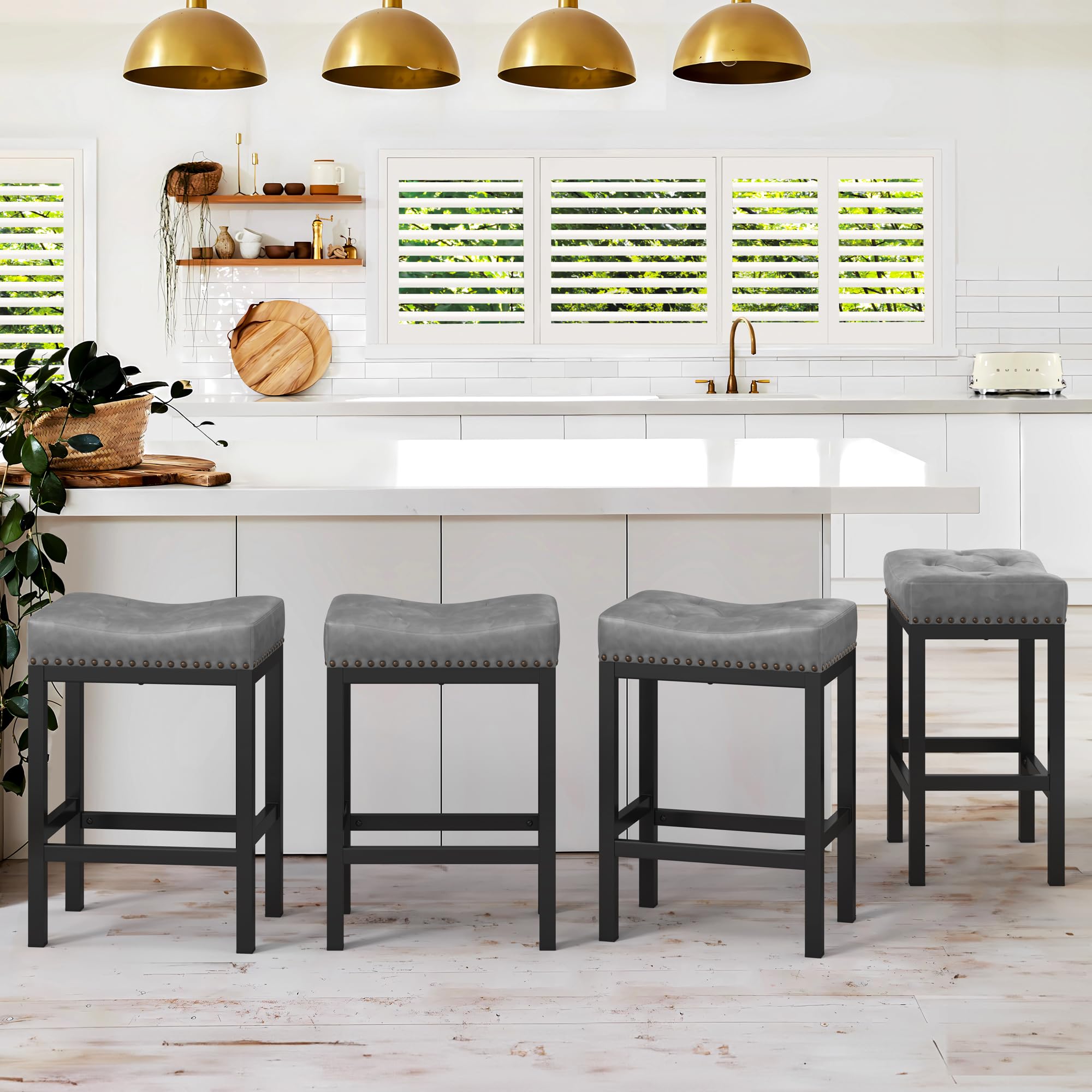 LUE BONA Bar stools Set of 2, 24 Inch Saddle Square Counter Height Bar Stools for Kitchen Island, Modern Backless Faux Leather Counter Stools with Black Metal Legs for Bar, Bistro, Dark Gray